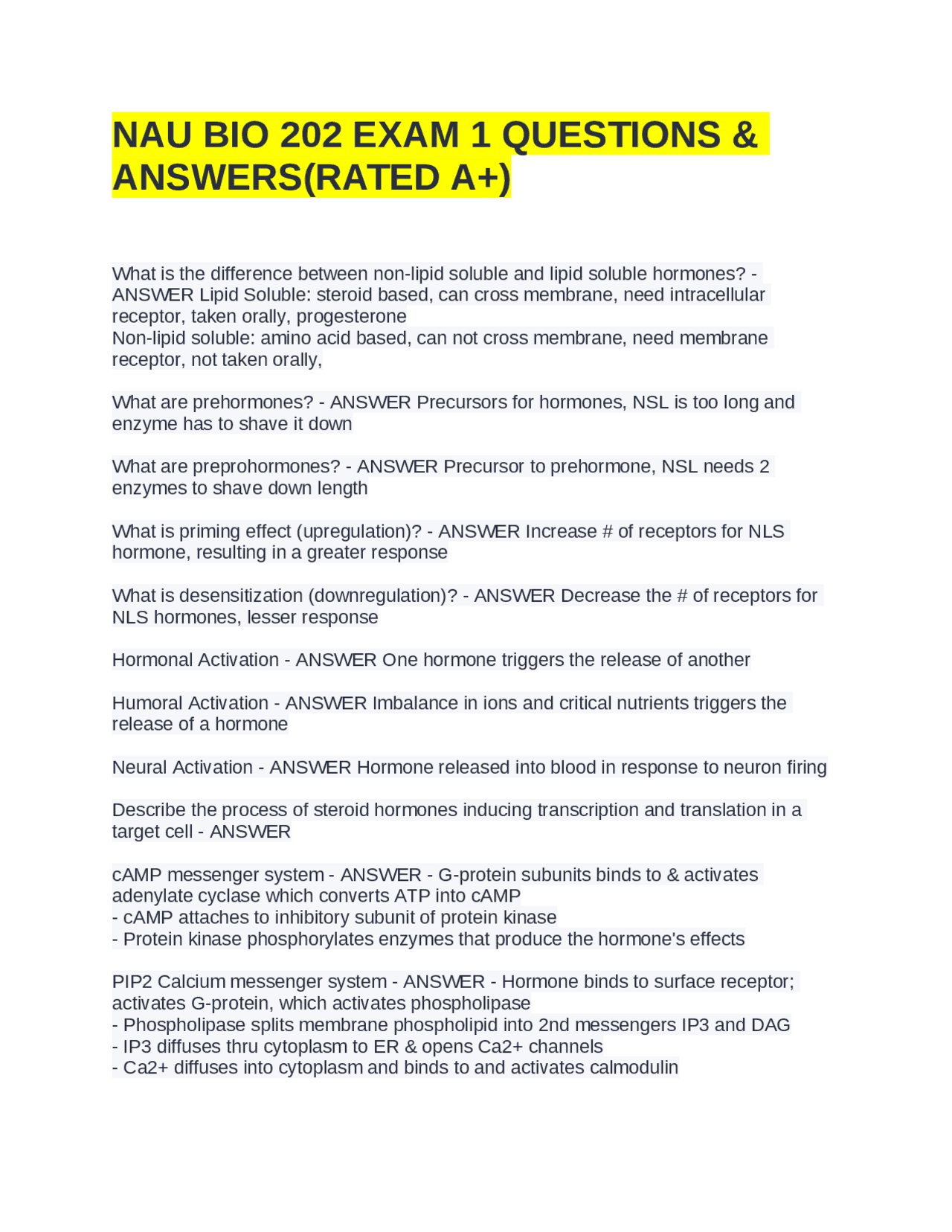NAU BIO 202 EXAM 1 QUESTIONS & ANSWERS(RATED A+) | Exams Biology | Docsity