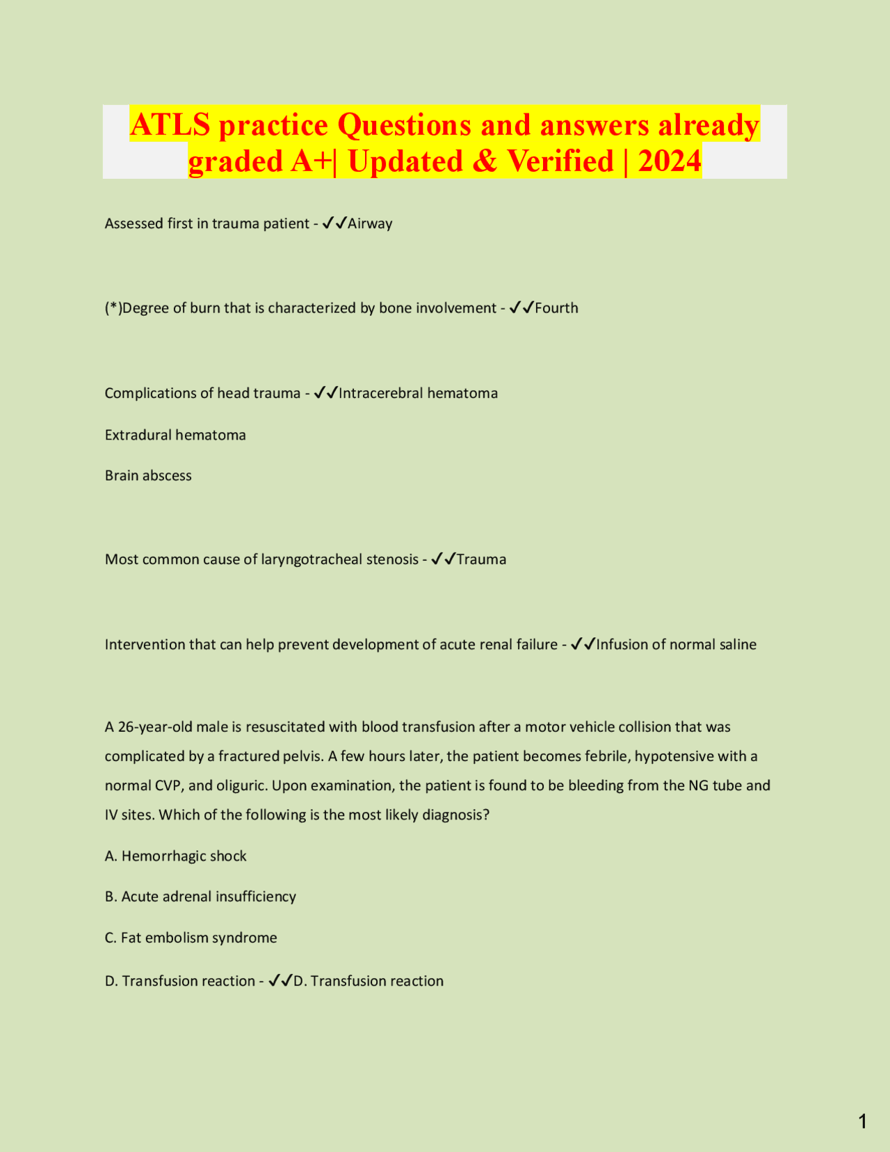 ATLS practice Questions and answers already graded A+| Updated ...