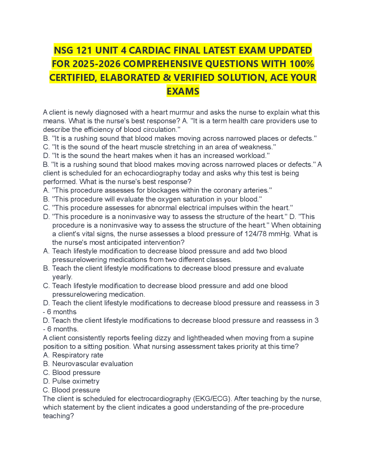 NSG 121 UNIT 4 CARDIAC FINAL LATEST EXAM UPDATED FOR 2025-2026 ...
