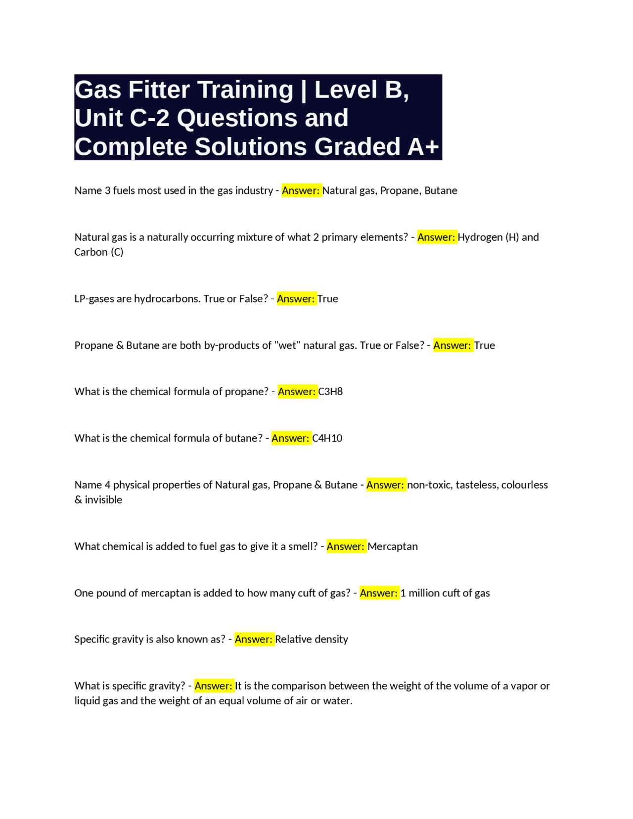 Gas Fitter Training: Level B, Unit C-2 Q&A | Exams Engineering | Docsity