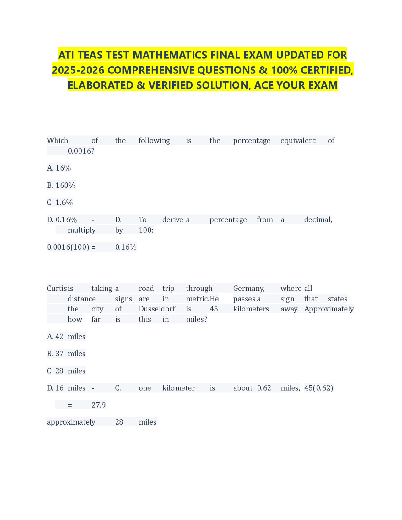 ATI TEAS TEST MATHEMATICS FINAL EXAM UPDATED FOR 2025-2026 ...