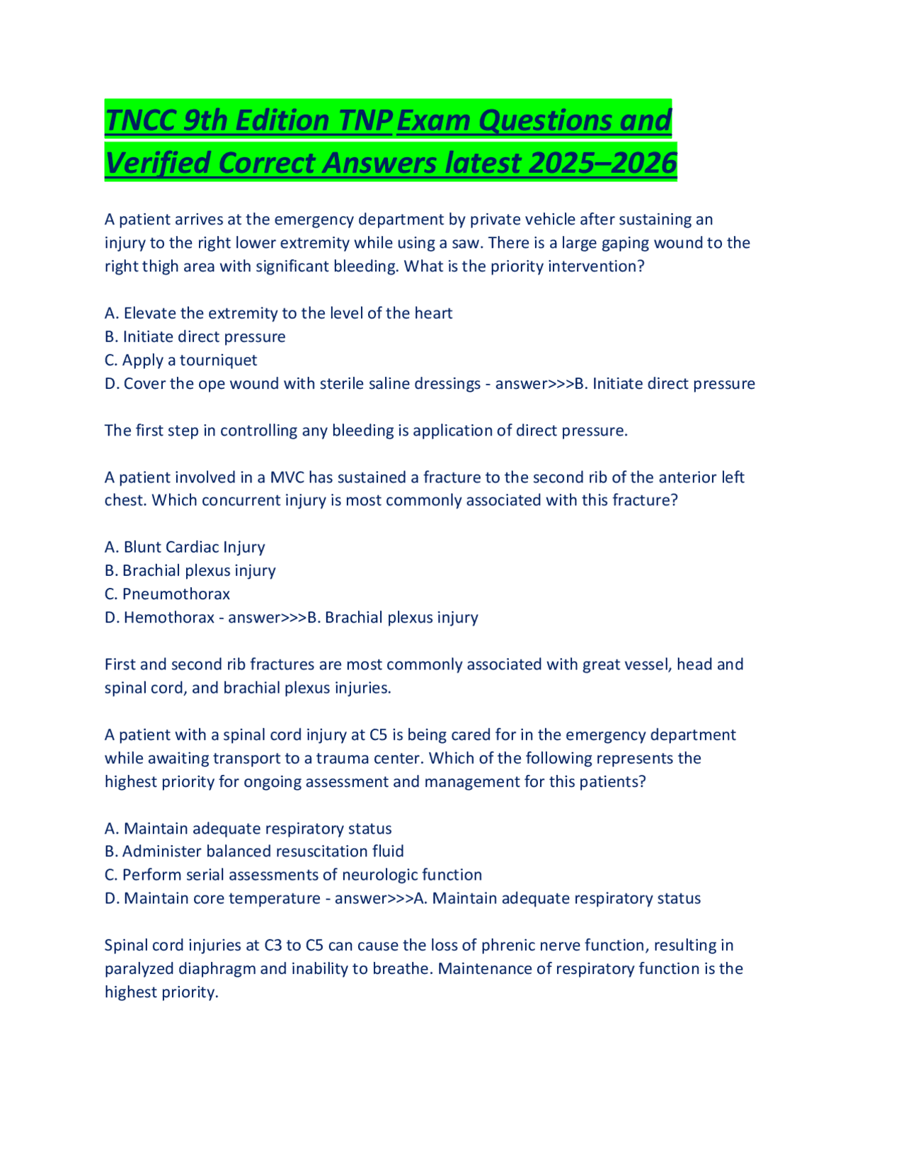 TNCC 9th Edition TNP Exam Questions and Verified Correct Answers latest ...