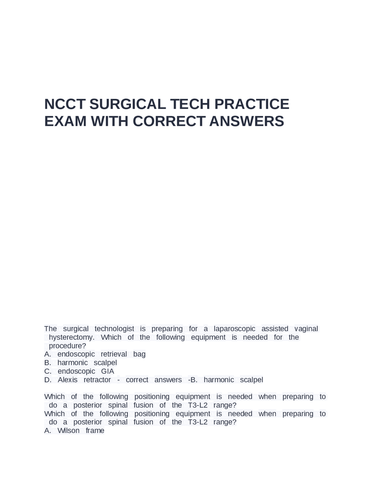 NCCT SURGICAL TECH PRACTICE EXAM WITH CORRECT ANSWERS | Exams Advanced ...