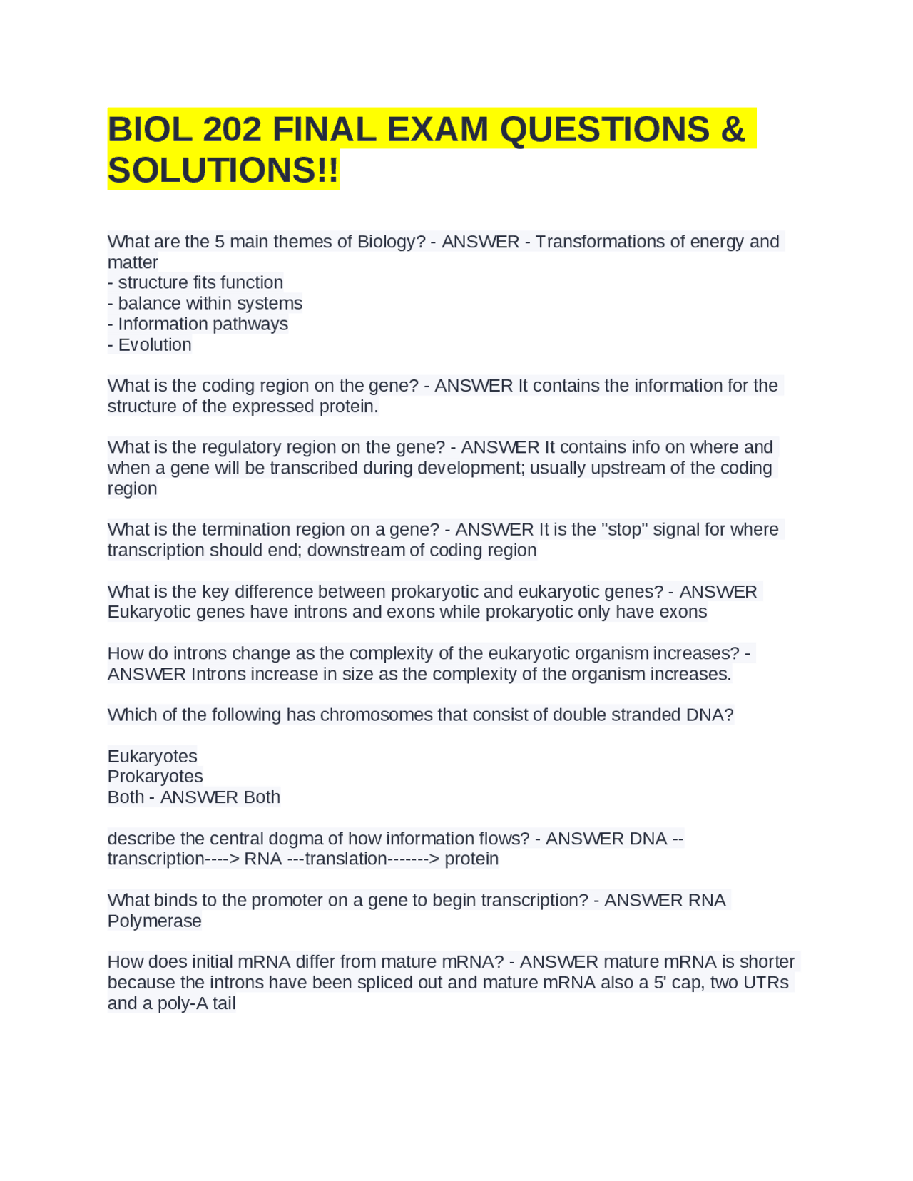 BIOL 202 FINAL EXAM QUESTIONS & SOLUTIONS!! | Exams Biology | Docsity