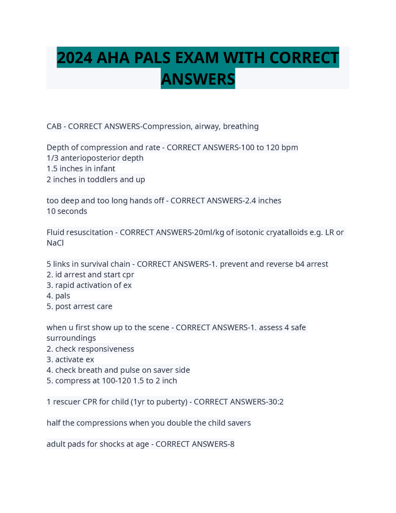 2024 AHA PALS EXAM WITH CORRECT ANSWERS | Exams Nursing | Docsity
