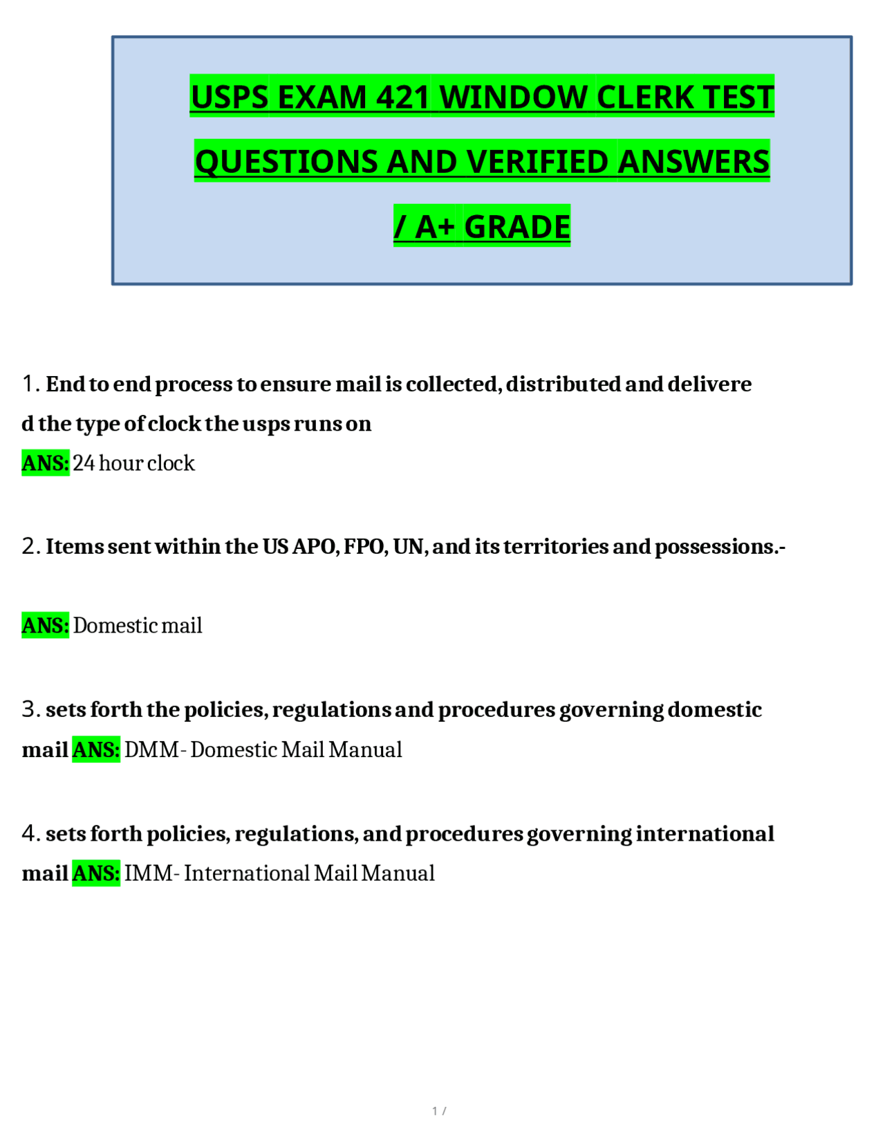 USPS EXAM 421 WINDOW CLERK TEST QUESTIONS AND VERIFIED ANSWERS/ A+ ...