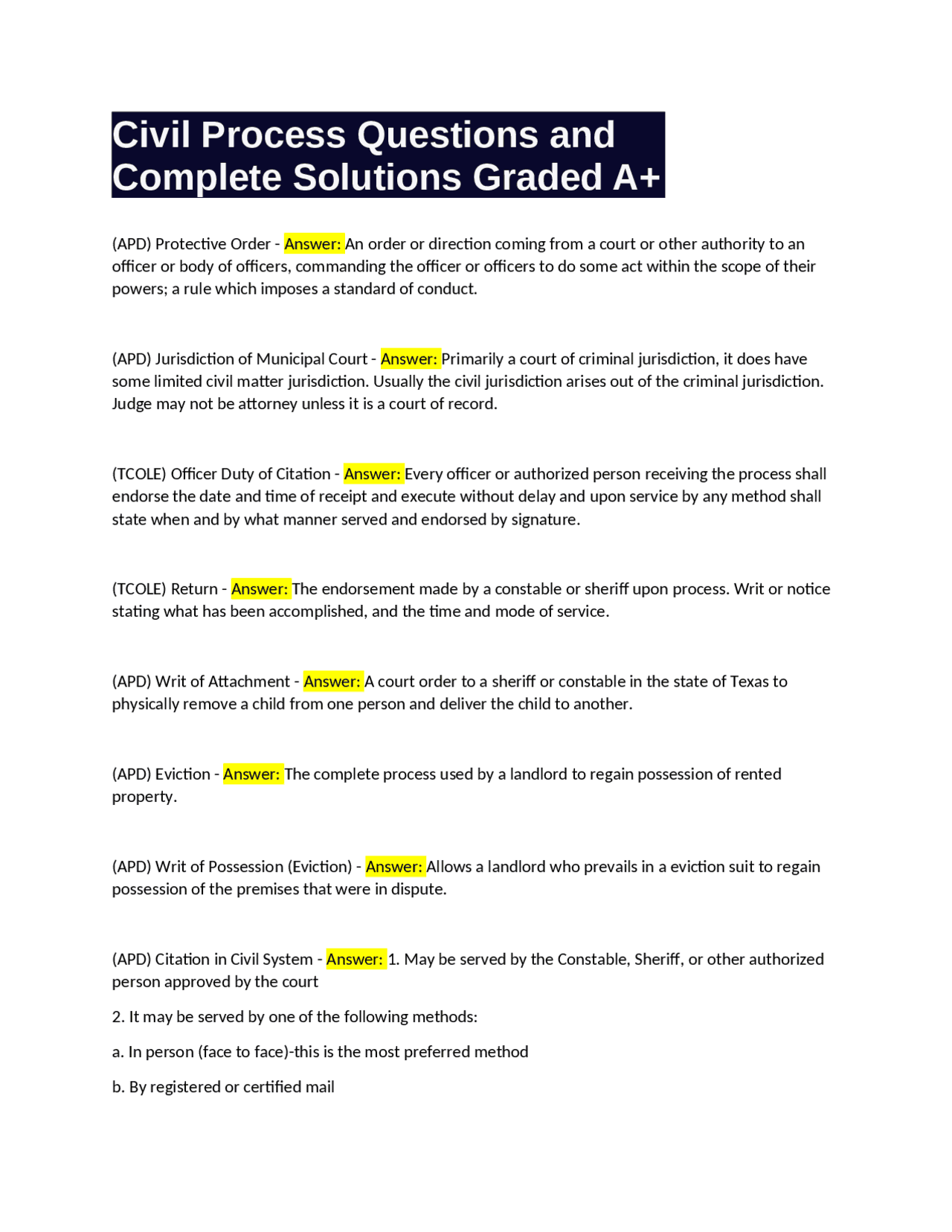 Civil Process: Questions and Answers for Legal Studies | Exams Law ...