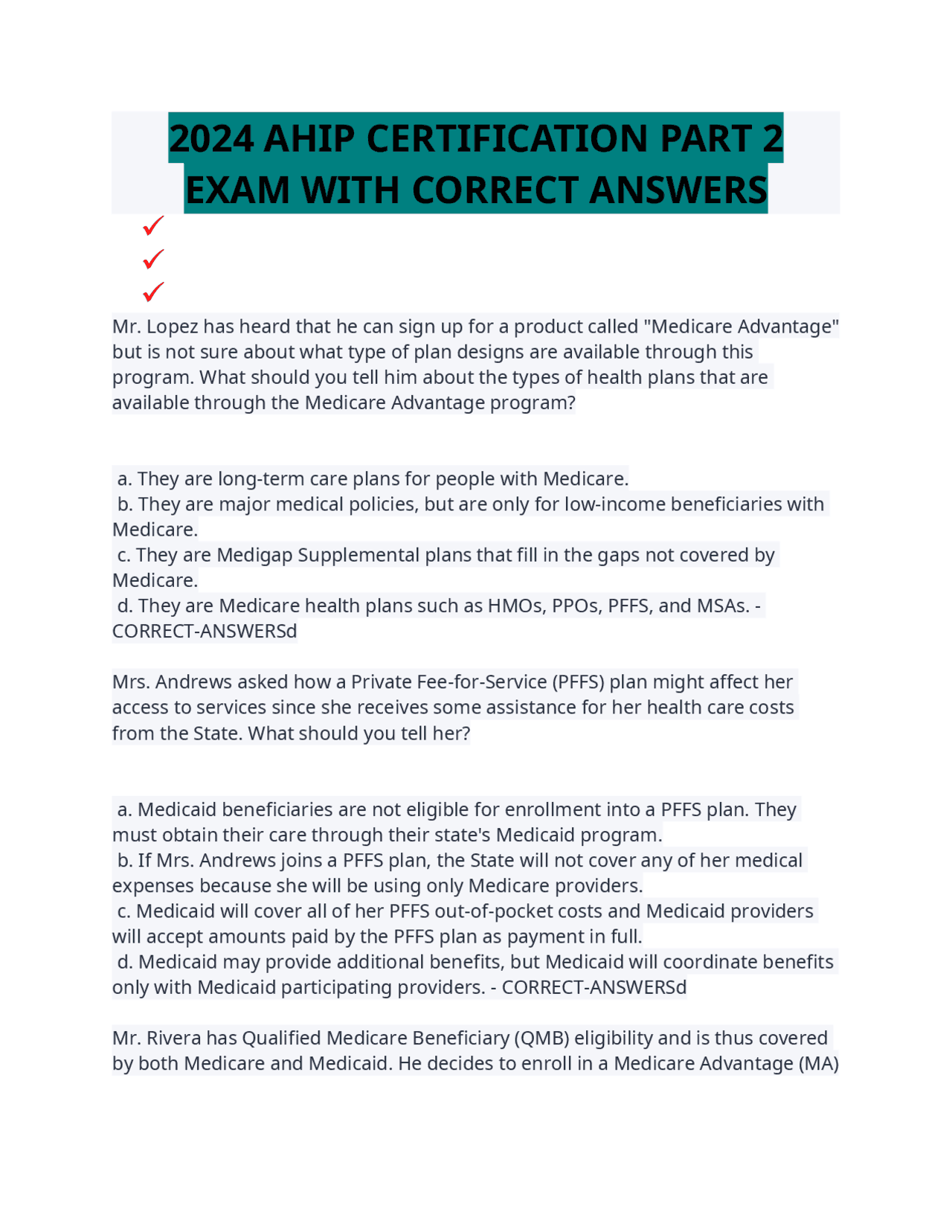 2024 AHIP CERTIFICATION PART 2 EXAM WITH CORRECT ANSWERS | Exams ...