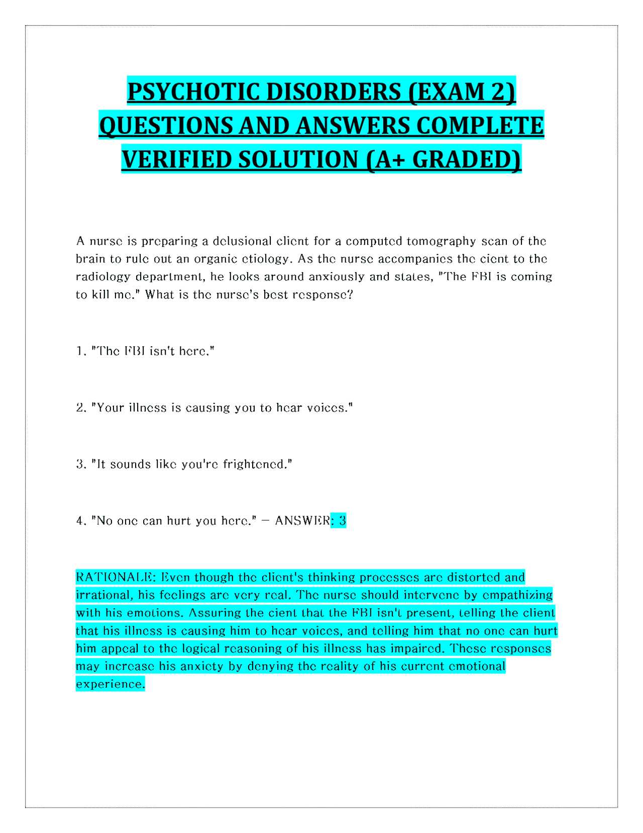 PSYCHOTIC DISORDERS (EXAM 2) QUESTIONS AND ANSWERS COMPLETE VERIFIED ...