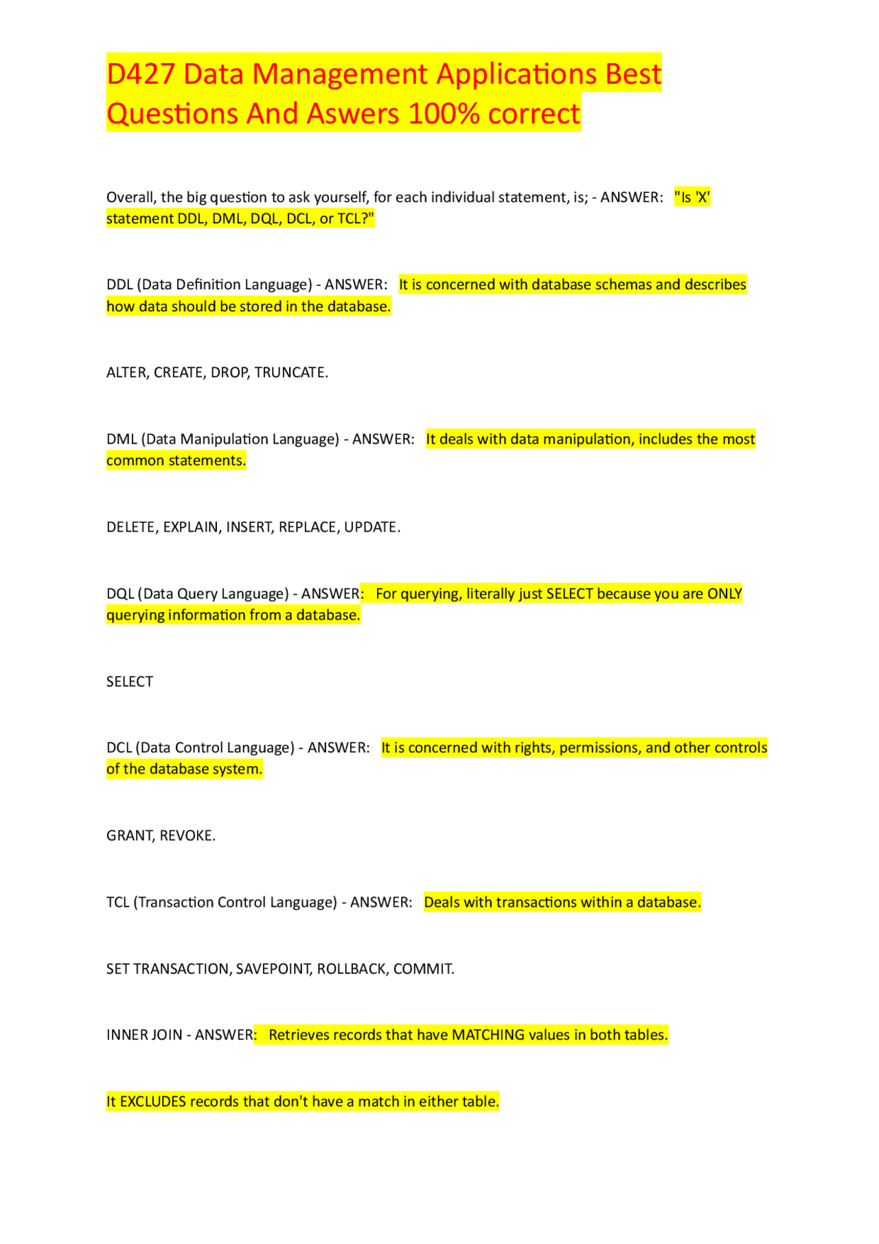 D427 Data Management Applications Best Questions And Aswers 100% ...