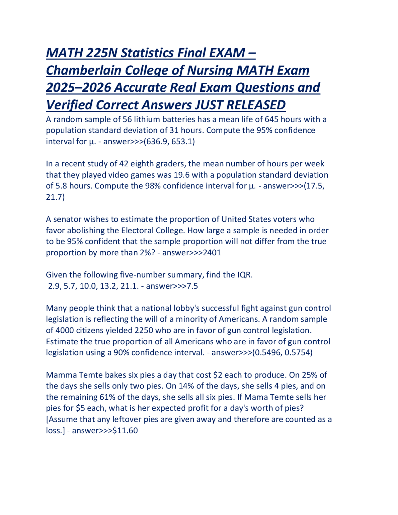 Statistics Practice Exam Questions and Answers | Exams Mathematics | Docsity