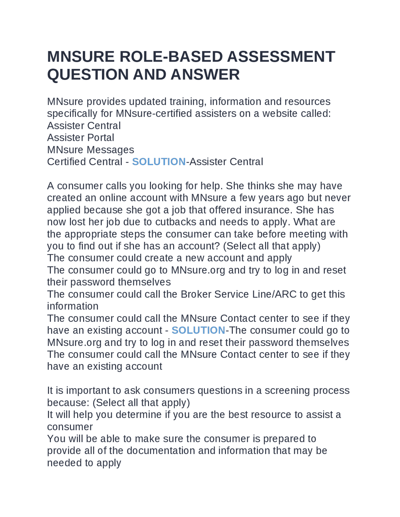 MNSURE ROLE-BASED ASSESSMENT QUESTION AND ANSWER | Exams Nursing | Docsity