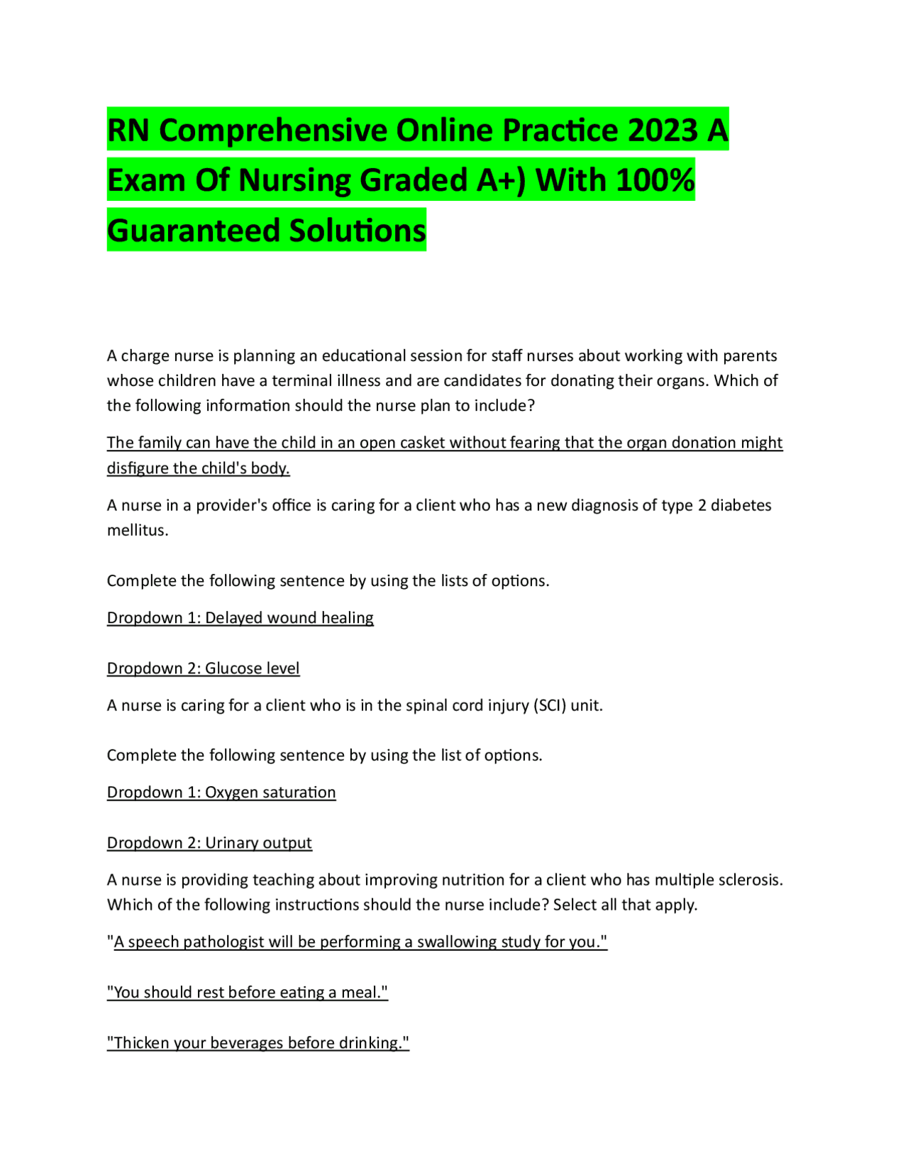 RN Comprehensive Online Practice 2023 A Exam Of Nursing Graded A+) With ...