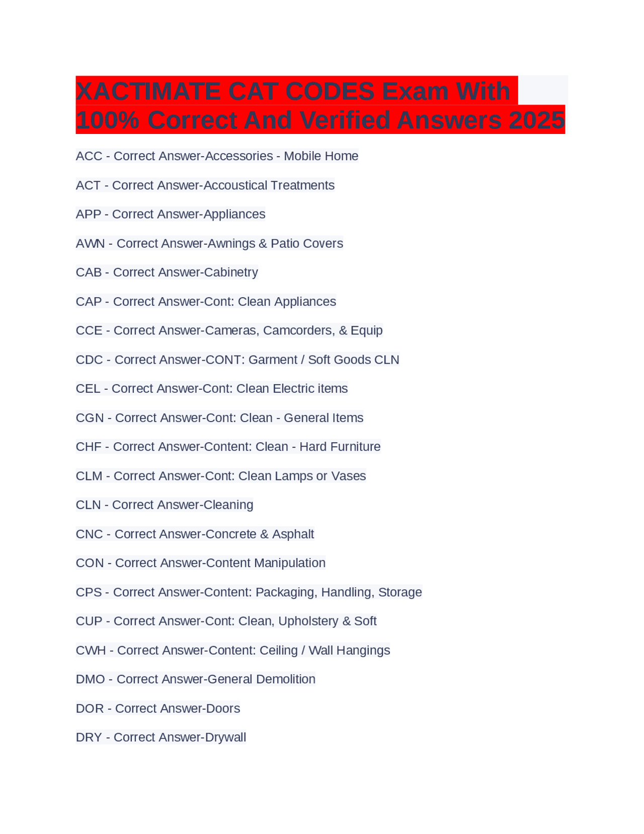 XACTIMATE CAT CODES Exam With 100% Correct And Verified Answers 2025 ...