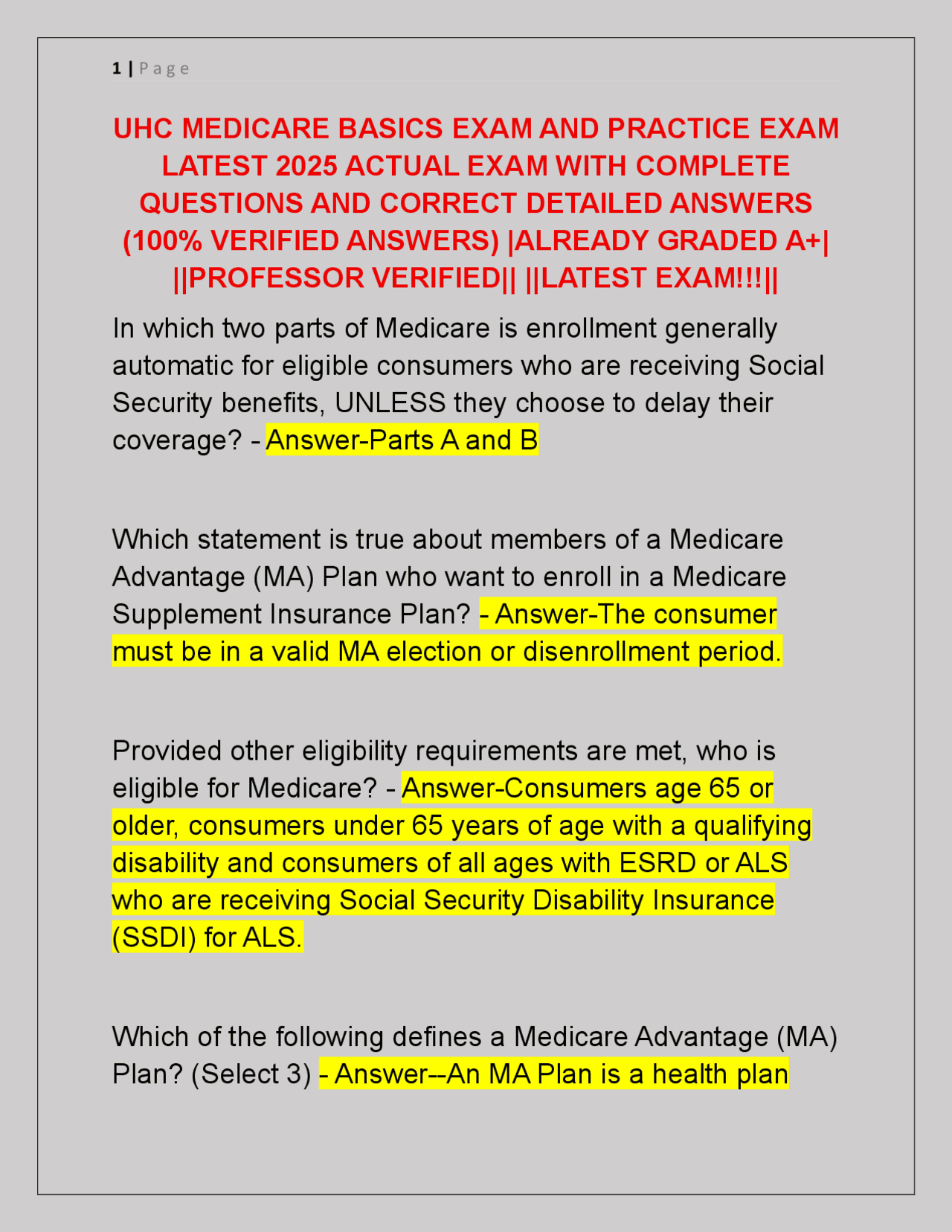 UHC MEDICARE BASICS EXAM AND PRACTICE EXAM LATEST 2025 ACTUAL EXAM WITH ...
