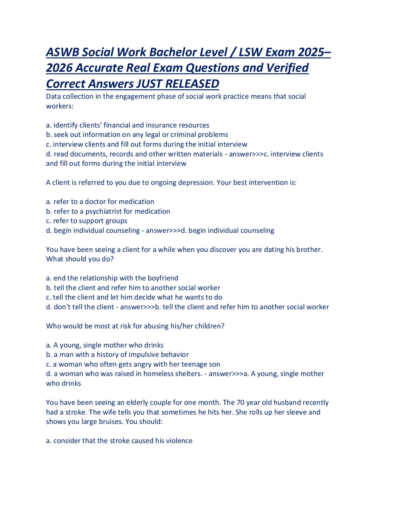 ASWB Social Work Bachelor Level (LSW) Exam 2025–2026 | Accurate Real ...