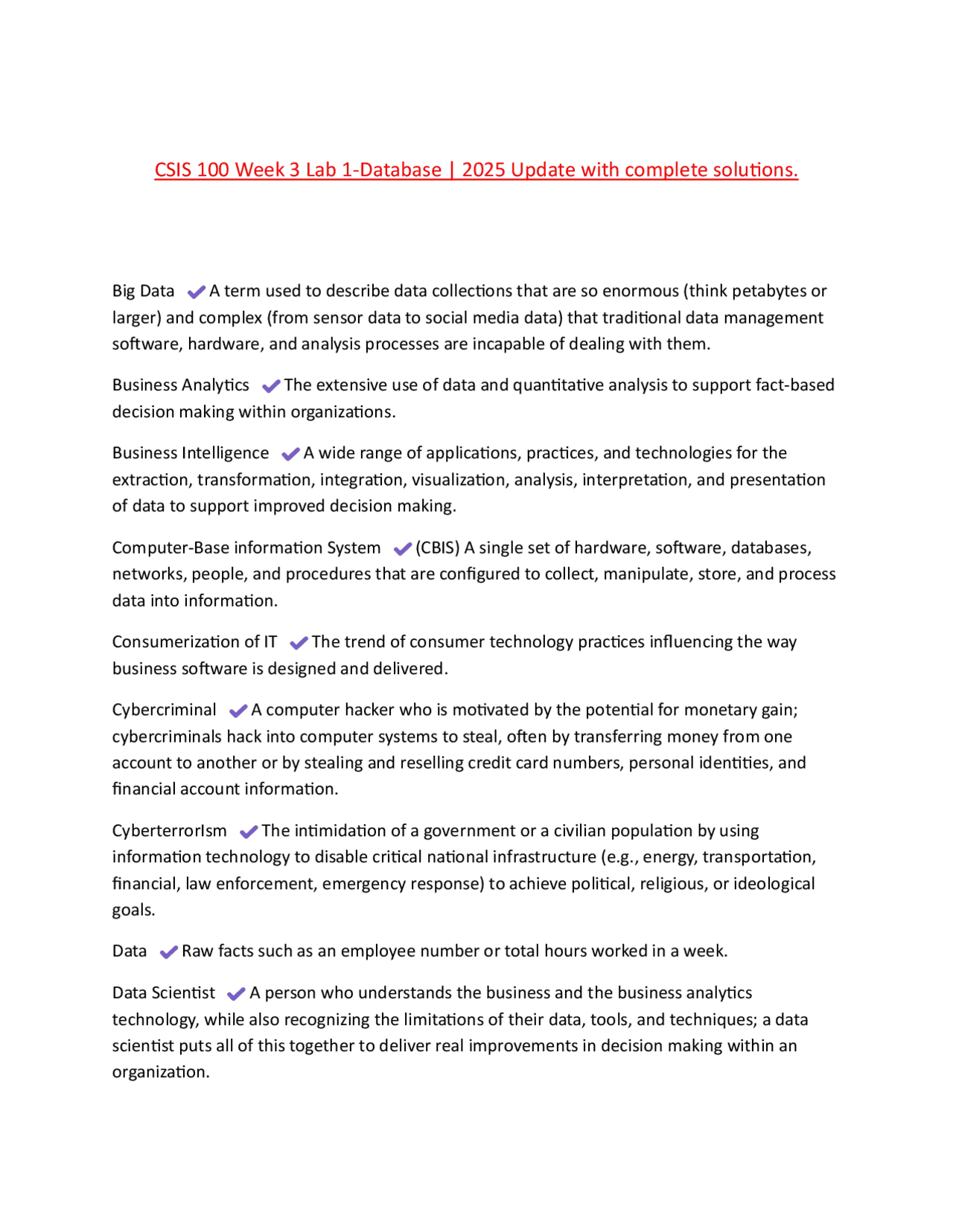 CSIS 100 Week 3 Lab 1-Database | 2025 Update with complete solutions. | Exercises Computer ...