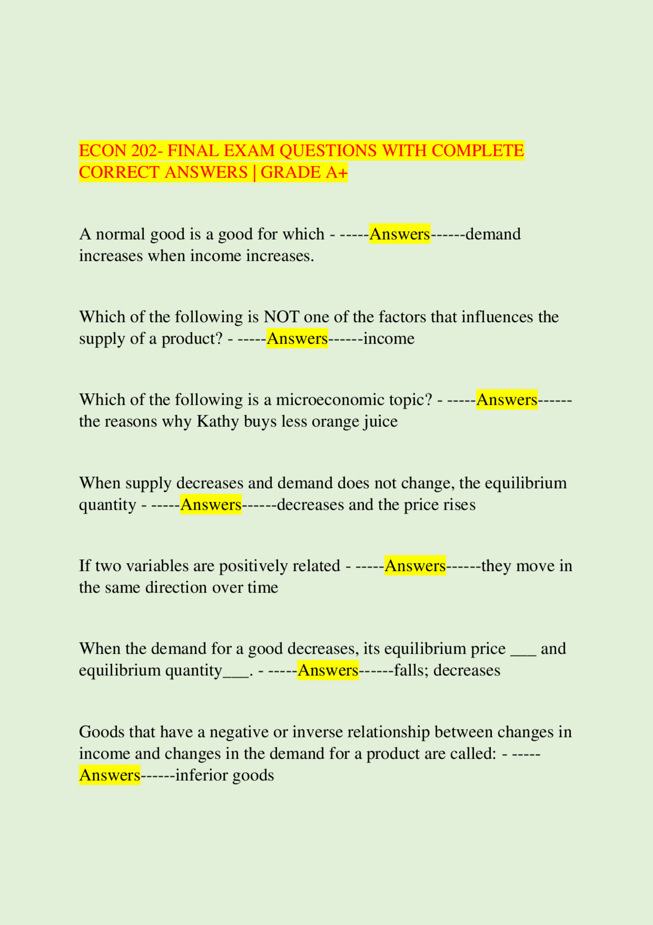 ECON 202- FINAL EXAM QUESTIONS WITH COMPLETE CORRECT ANSWERS | GRADE A+ ...