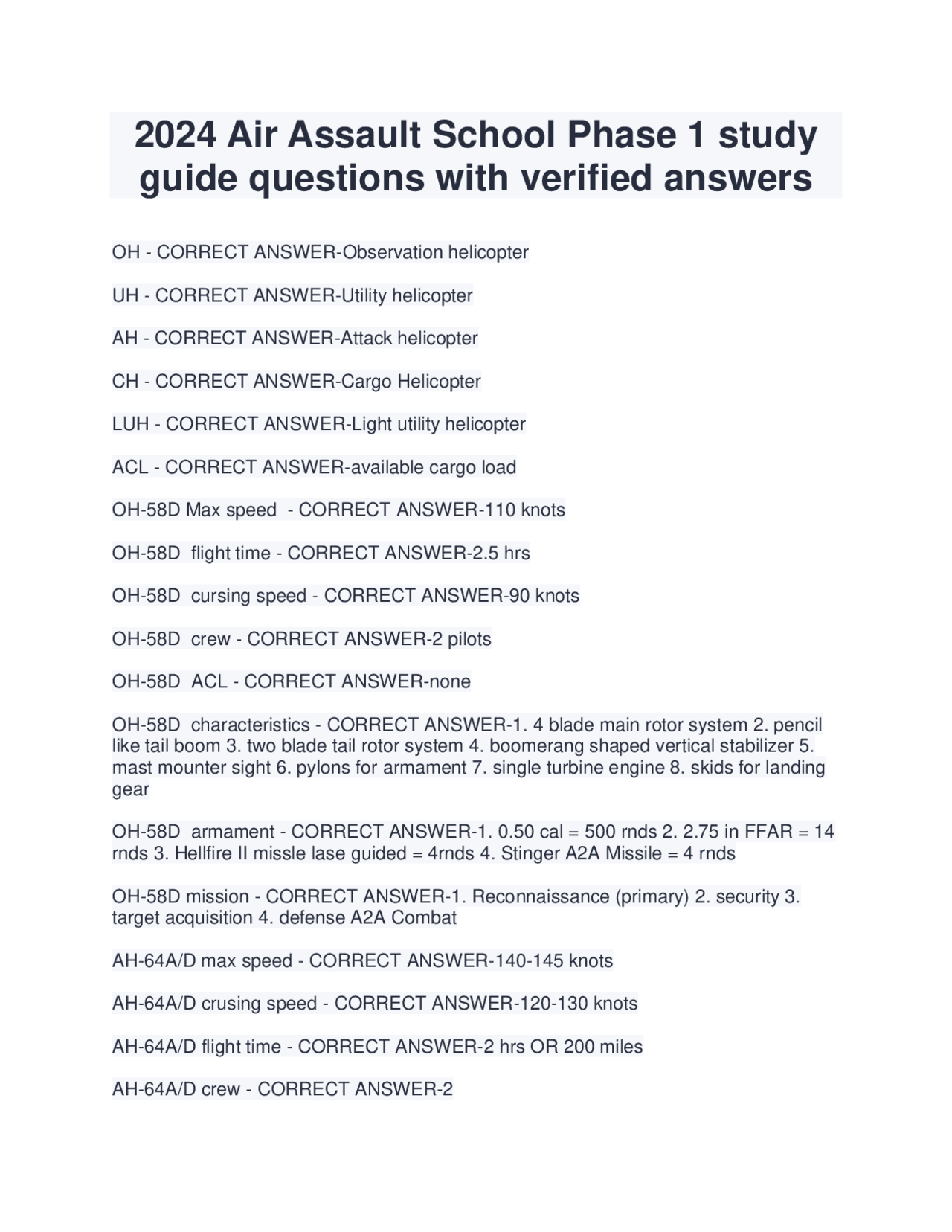 2024 Air Assault School Phase 1 study guide questions with verified ...