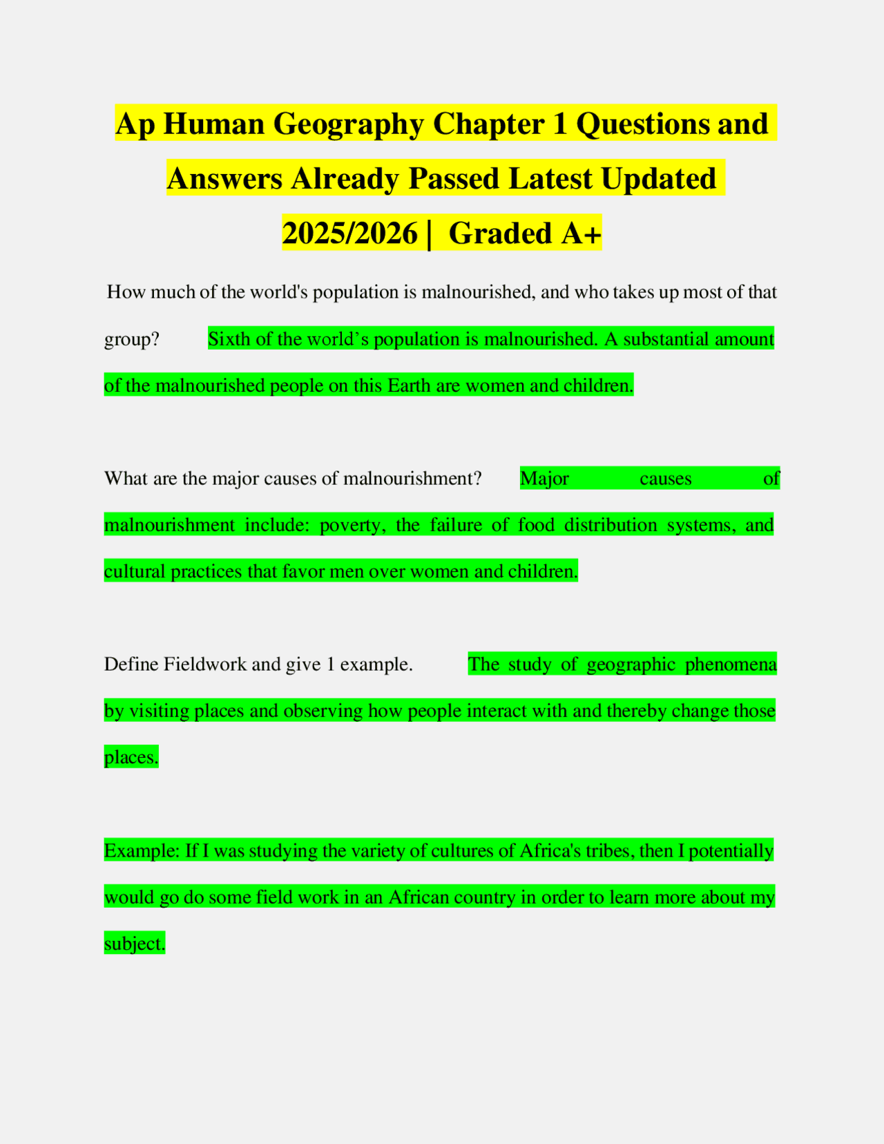 Ap Human Geography Chapter 1 Questions and Answers Already Passed ...