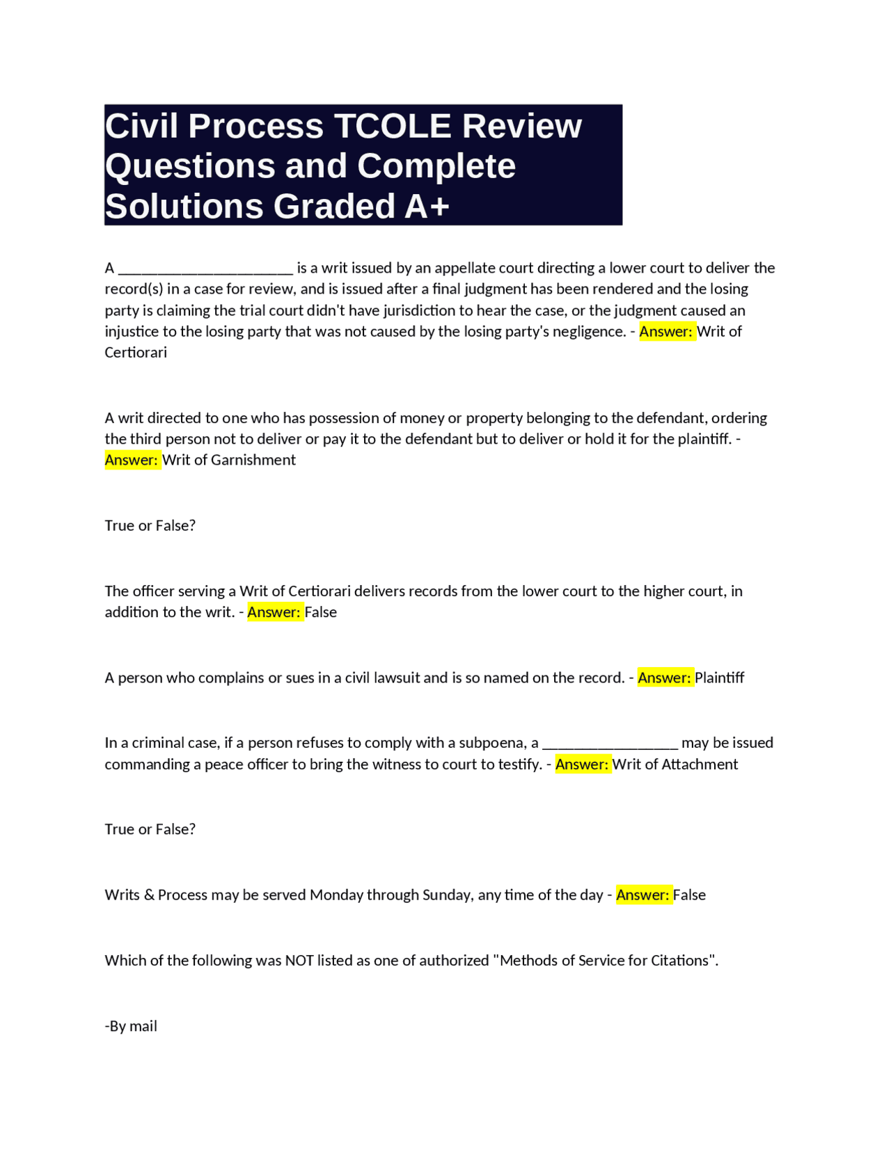 Civil Process TCOLE Review: Questions and Solutions | Exams Law | Docsity