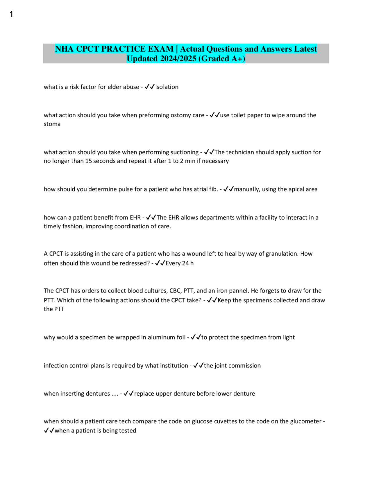 NHA CPCT PRACTICE EXAM | Actual Questions and Answers Latest Updated ...