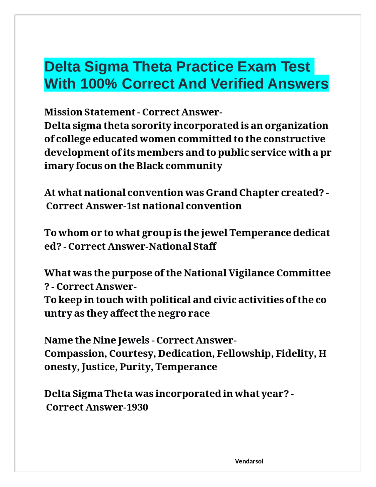 Delta Sigma Theta Practice Exam Test With 100% Correct And Verified ...