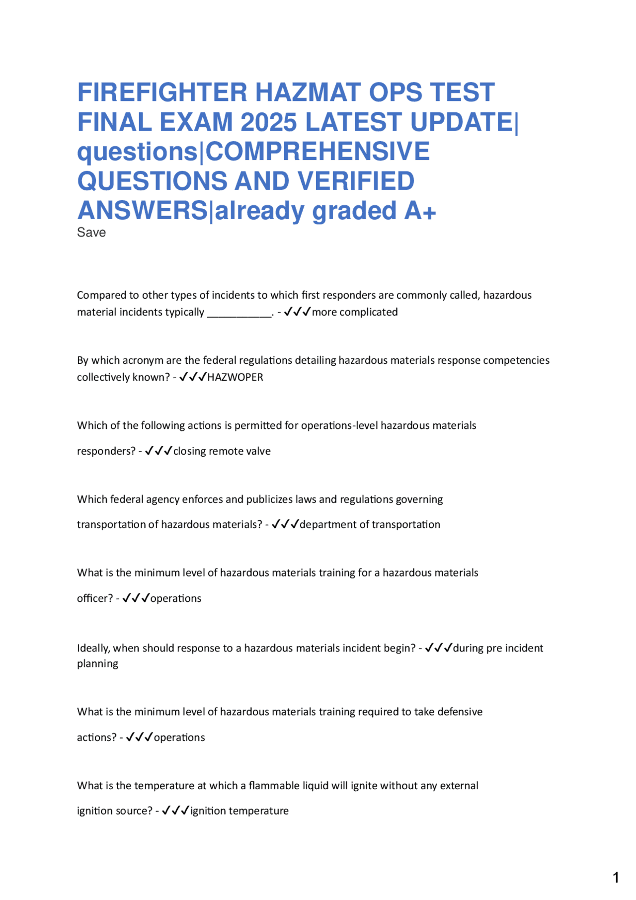 FIREFIGHTER HAZMAT OPS TEST FINAL EXAM 2025 LATEST UPDATE| questions ...