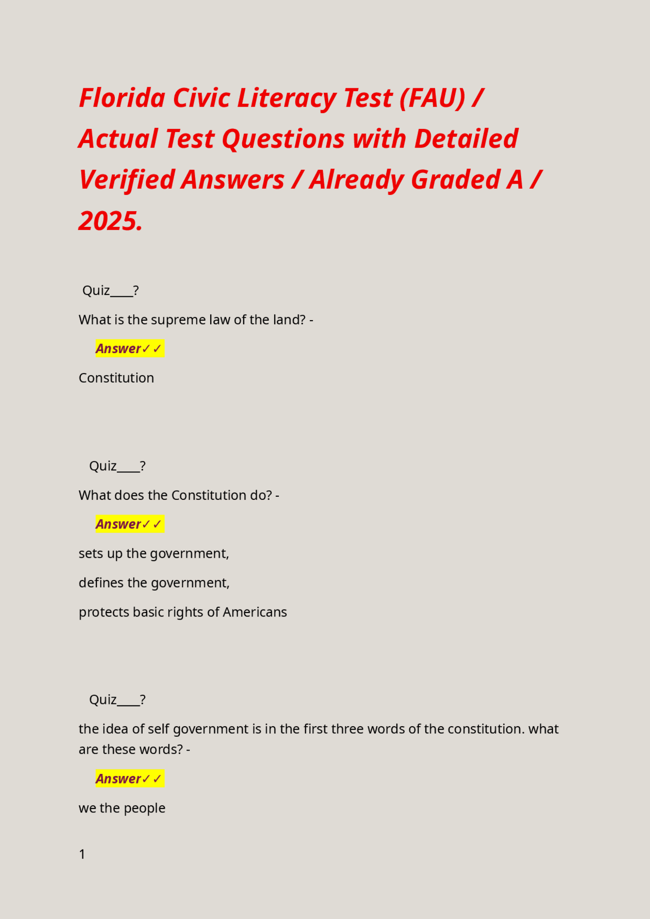 Florida Civic Literacy Test (FAU) / Actual Test Questions with Detailed ...