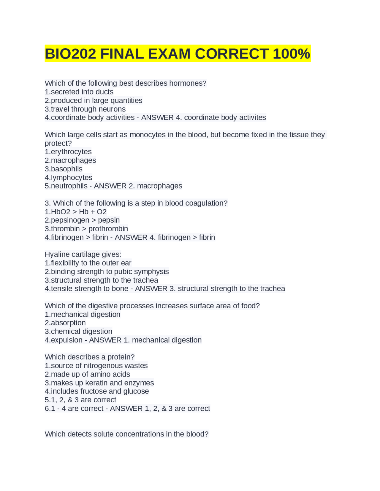 BIO202 FINAL EXAM CORRECT 100% | Exams Biology | Docsity