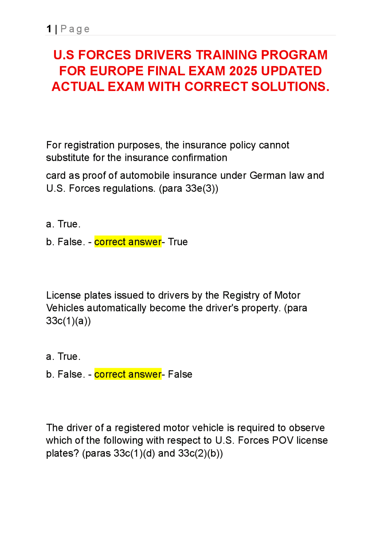 U.S FORCES DRIVERS TRAINING PROGRAM FOR EUROPE FINAL EXAM 2025 UPDATED ...