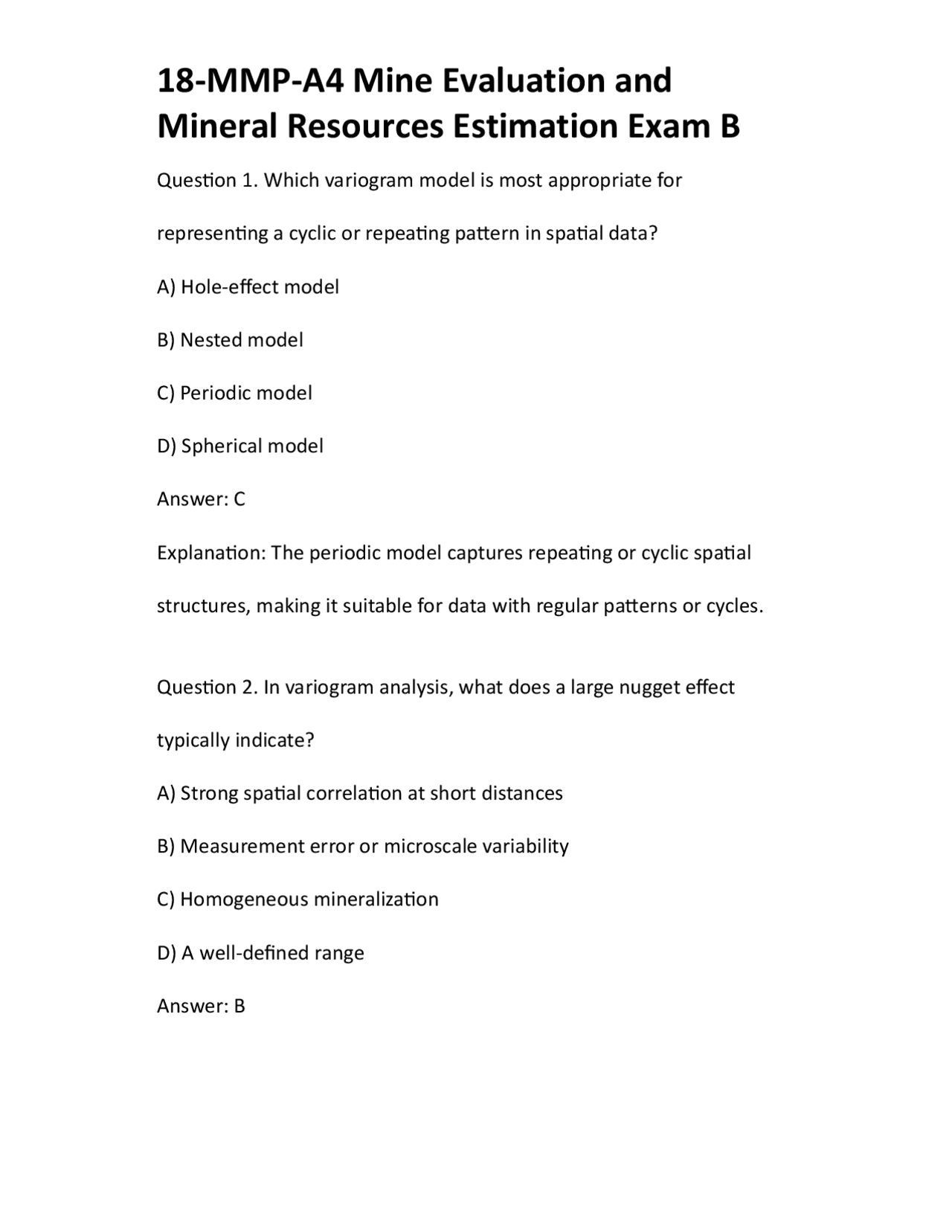 18-MMP-A4 Mine Evaluation and Mineral Resources Estimation Exam B ...