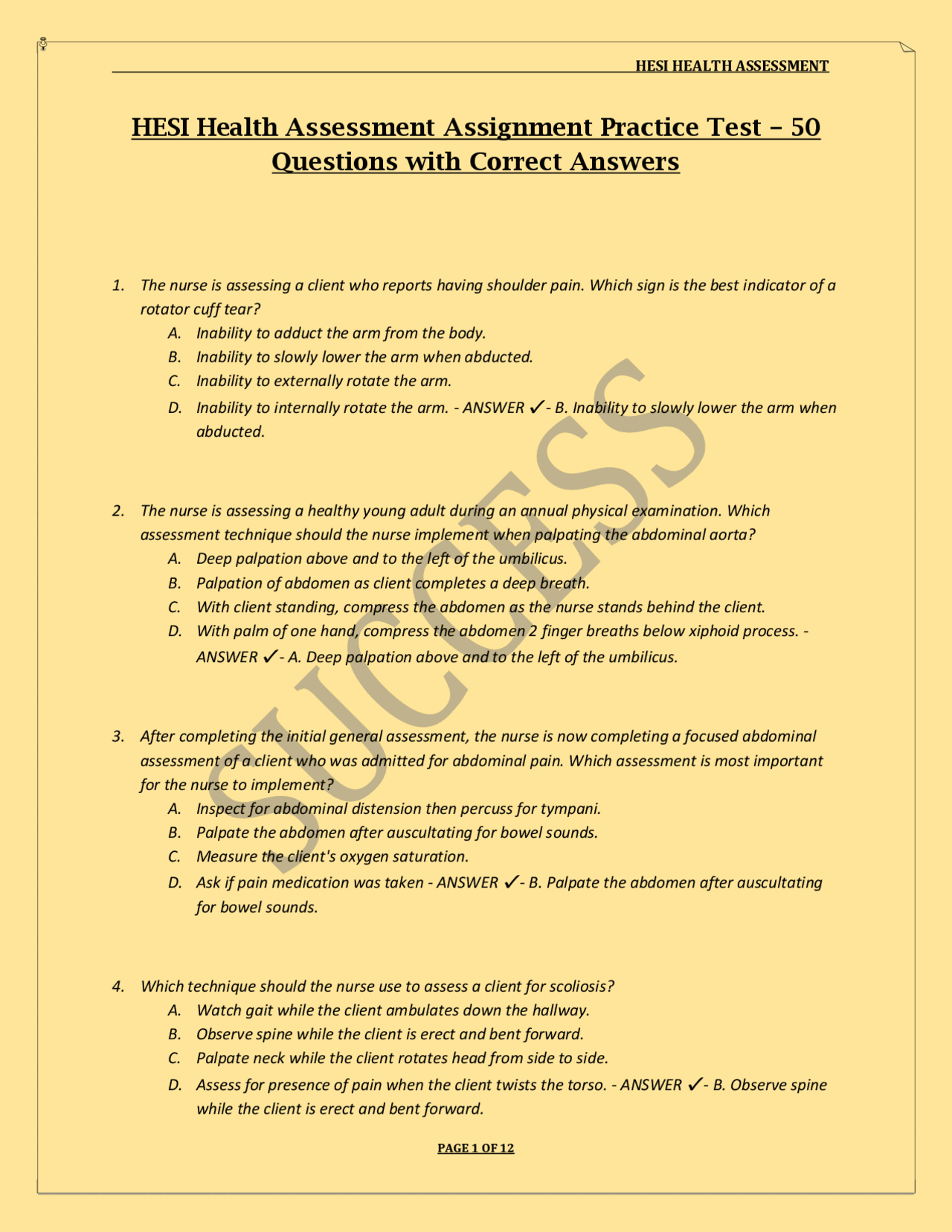 HESI Health Assessment Assignment Practice Test – 50 Questions with ...