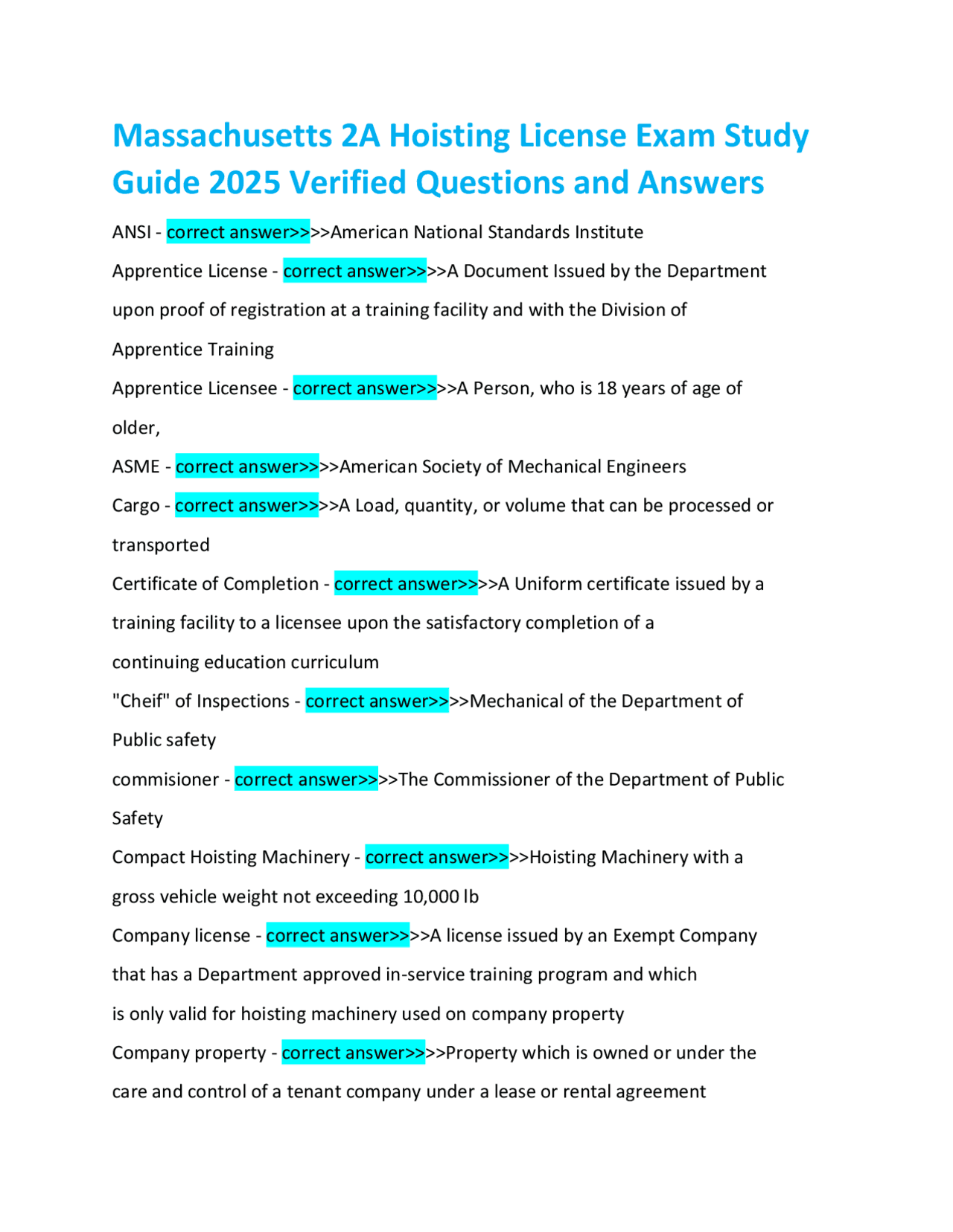 Massachusetts 2A Hoisting License Exam Study Guide 2025 Verified ...