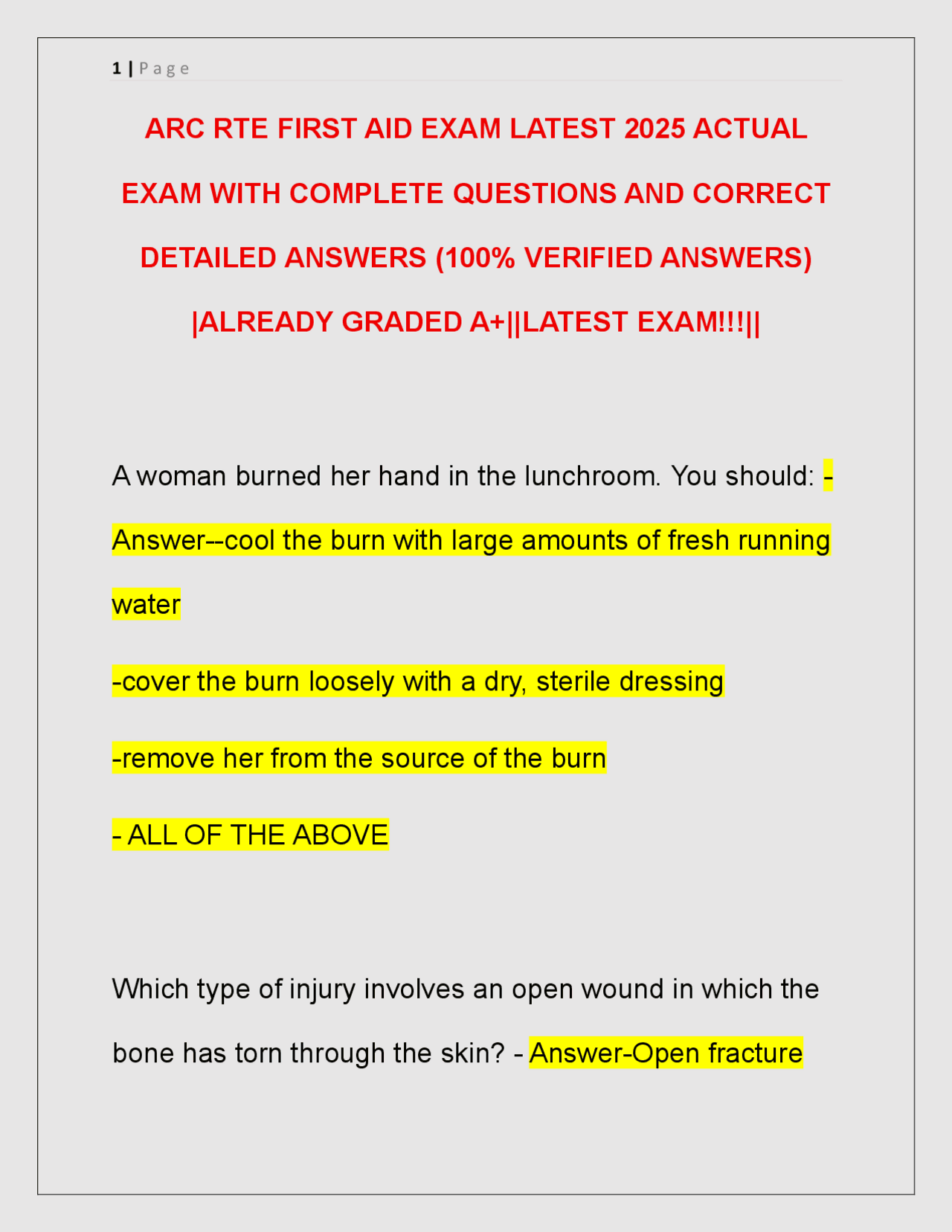 ARC RTE FIRST AID EXAM LATEST 2025 ACTUAL EXAM WITH COMPLETE QUESTIONS ...