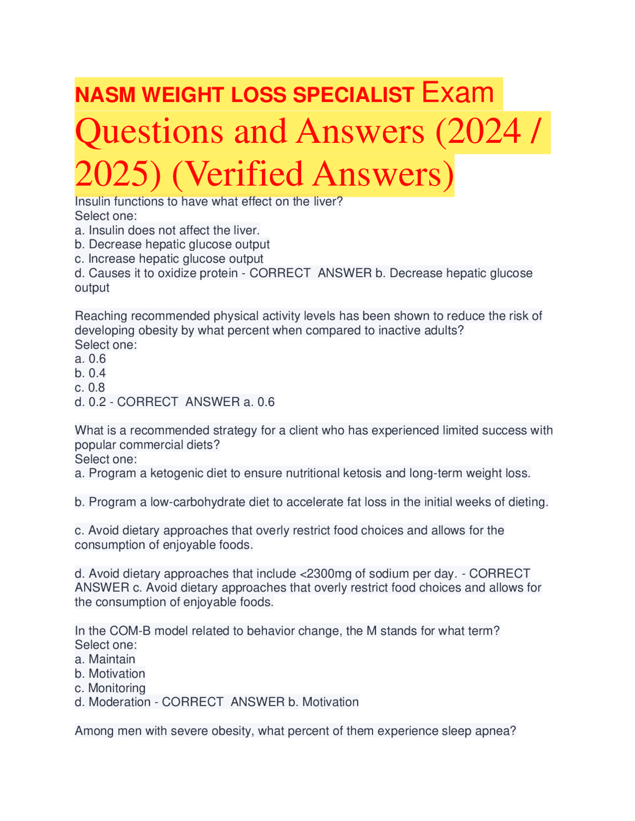 NASM WEIGHT LOSS SPECIALIST Exam Questions and Answers (2024 / 2025 ...