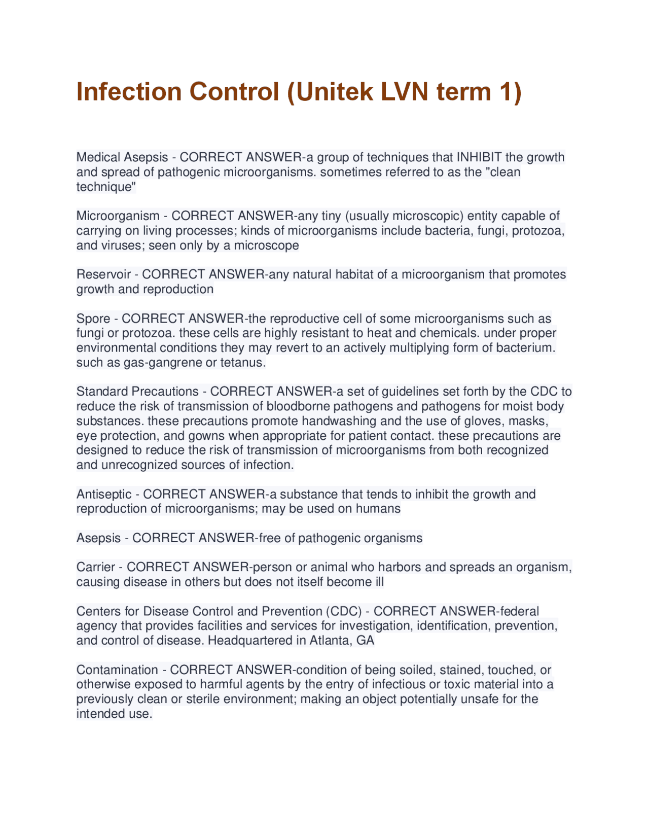 Infection Control (Unitek LVN term 1) Questions and Answers 100% Solved ...