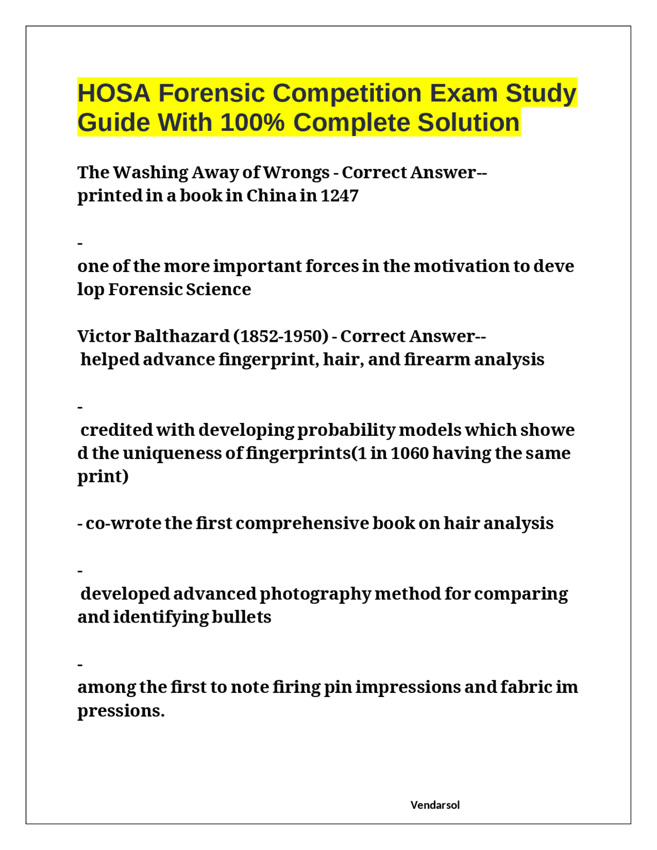 HOSA Forensic Competition Exam Study Guide With 100% Complete Solution | Exams Advanced ...