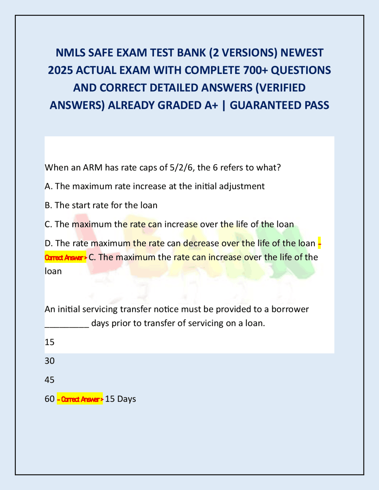NMLS SAFE EXAM TEST BANK (2 VERSIONS) NEWEST 2025 ACTUAL EXAM WITH ...