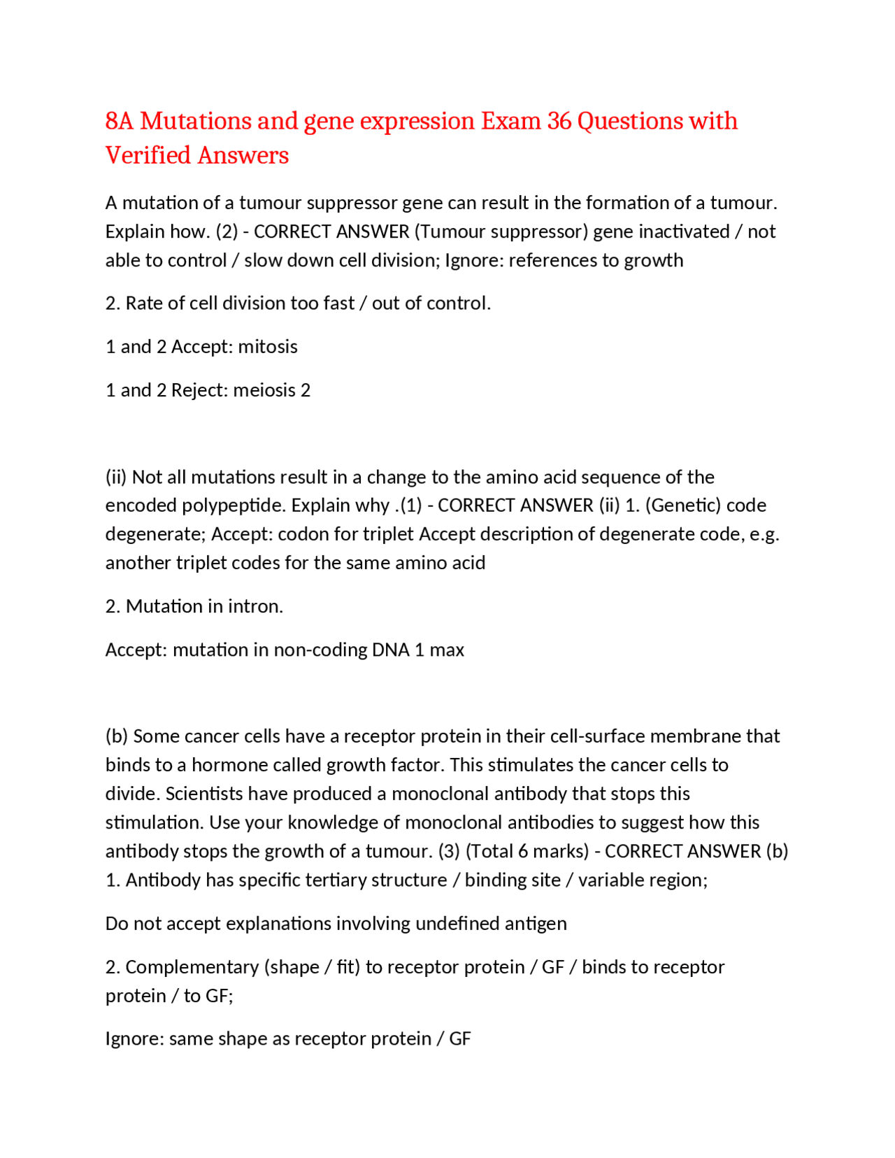 8A Mutations and gene expression Exam 36 Questions with Verified ...