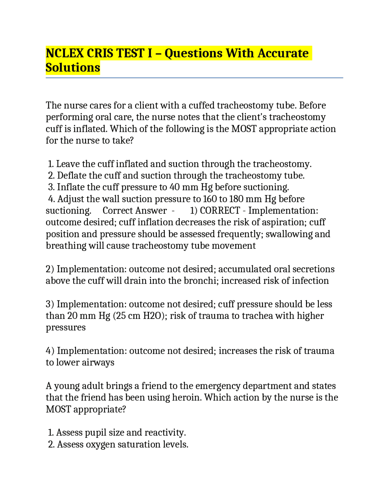 NCLEX CRIS TEST I – Questions With Accurate Solutions | Exams Nursing ...
