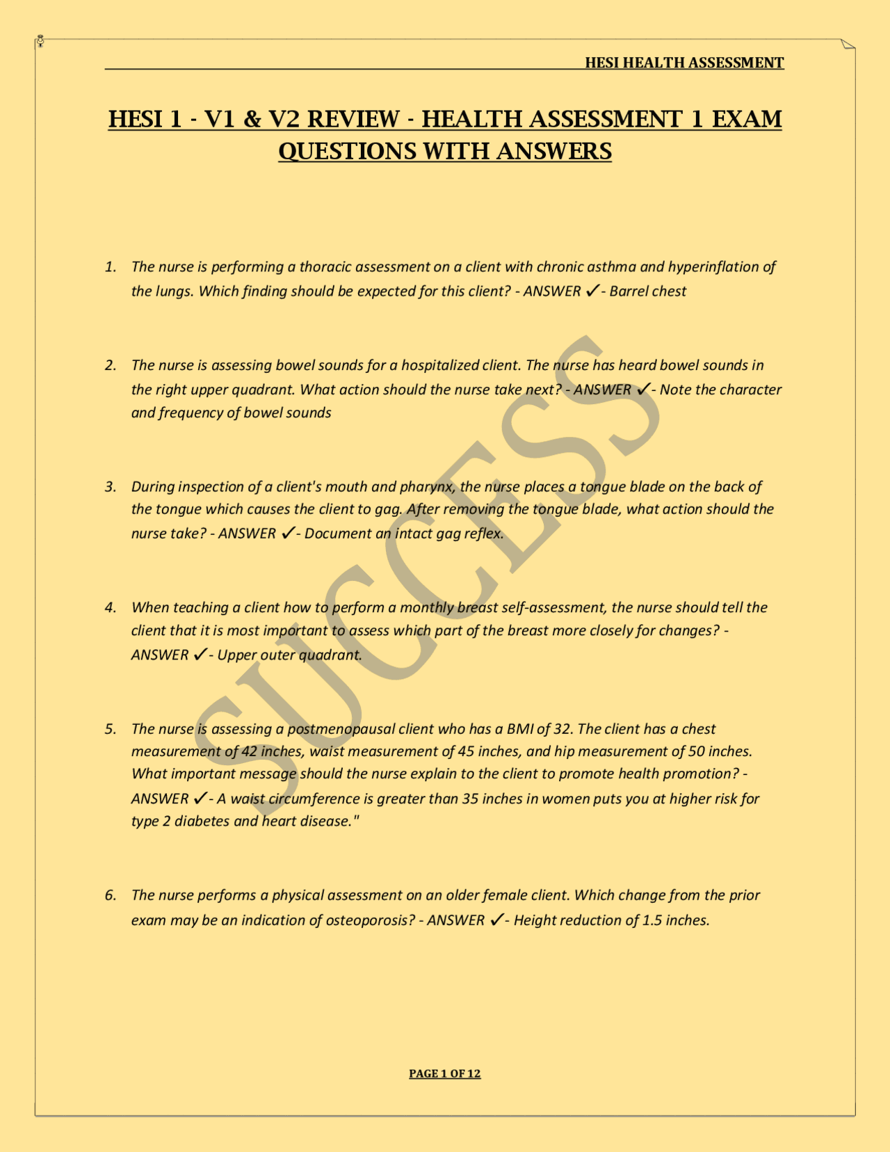 HESI 1 - V1 & V2 REVIEW - Health Assessment 1 Exam – Questions with ...