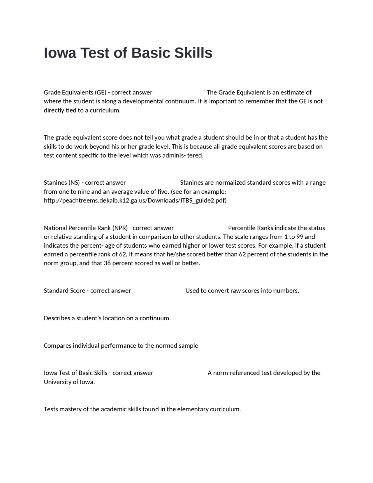 Iowa Test of Basic Skills Comprehensive Exam Questions Fully Solved ...