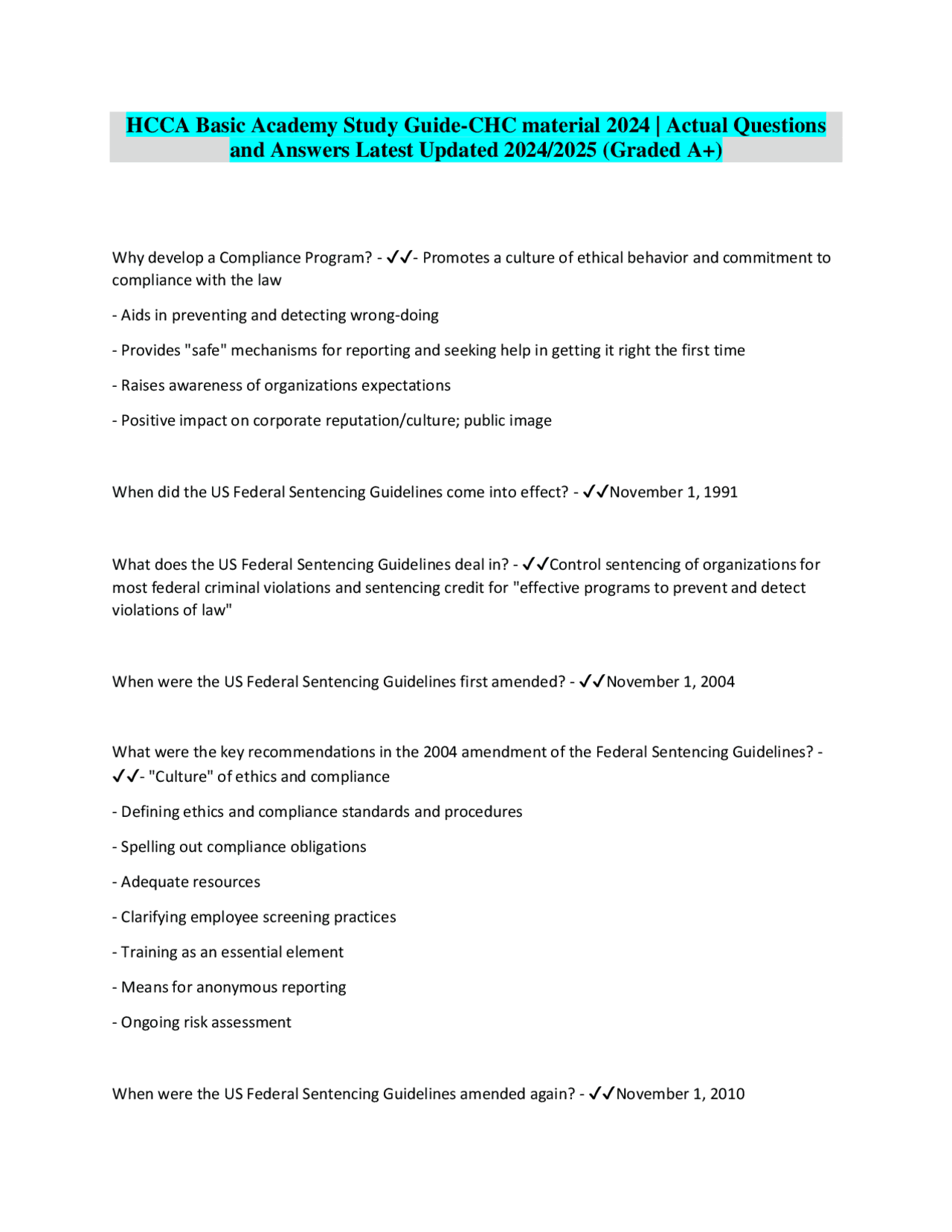 HCCA Basic Academy Study Guide-CHC material 2024 | Actual Questions and ...