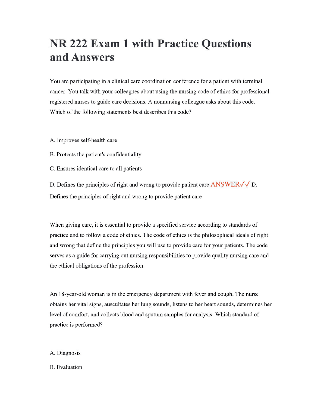 NR 222 Exam 1 with Practice Questions and Answers | Exams Nursing | Docsity