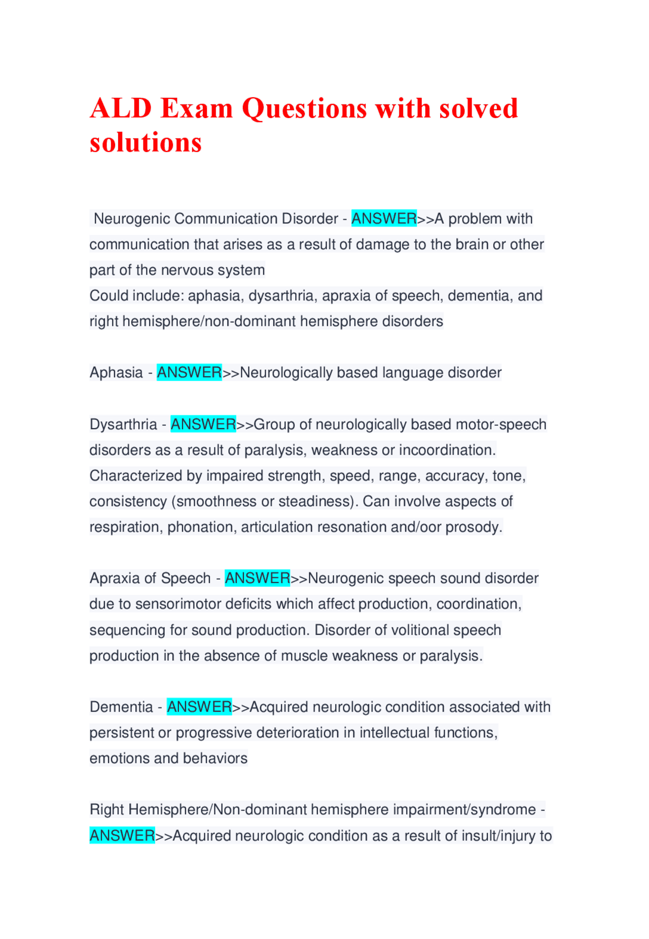 ALD Exam Questions with solved solutions | Exams Nursing | Docsity