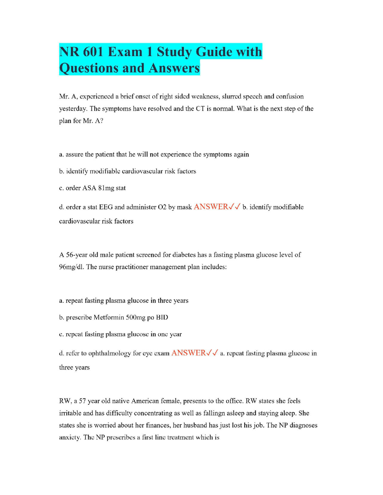 NR 601 Exam 1 Study Guide with Questions and Answers | Exams Nursing ...