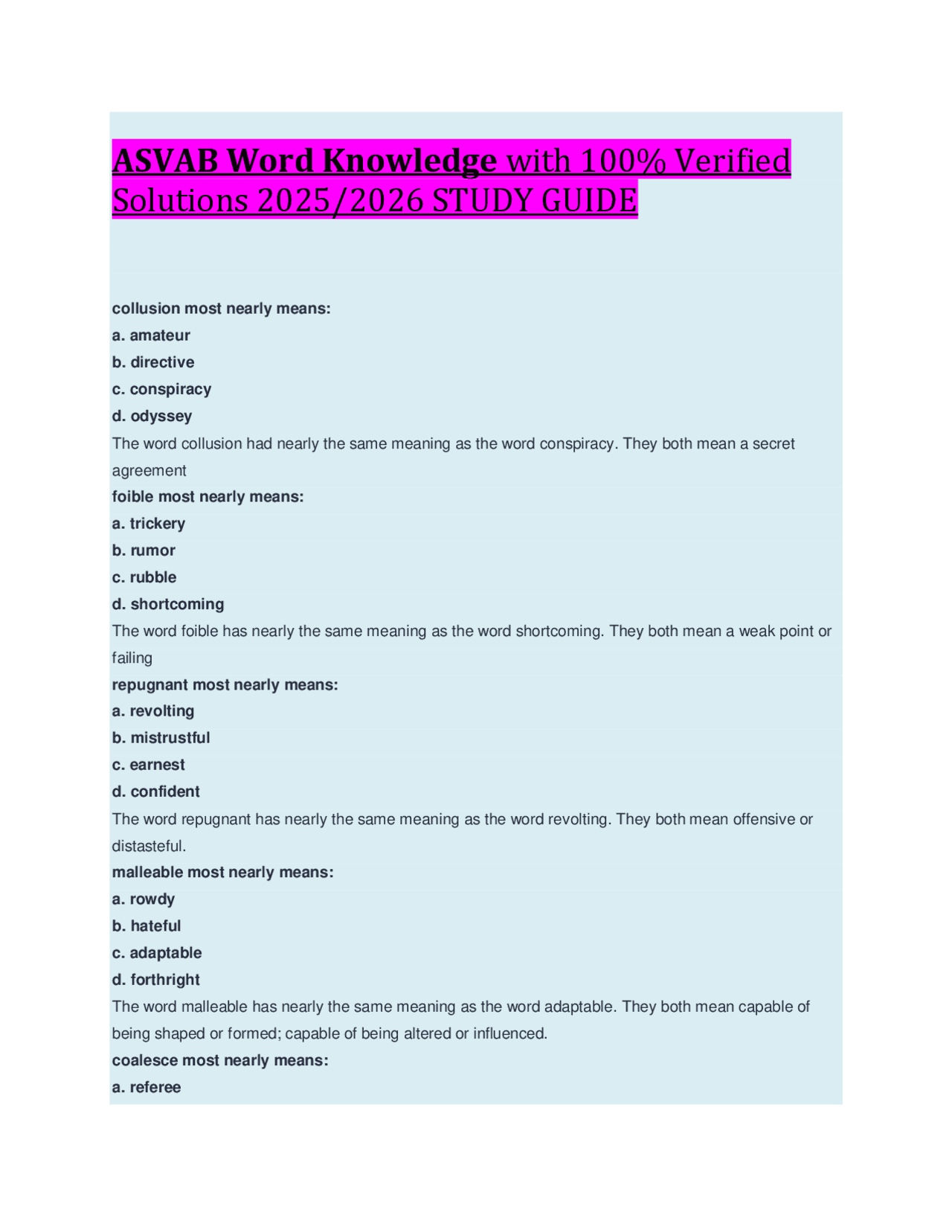 ASVAB Word Knowledge with 100% Verified Solutions 2025/2026 STUDY GUIDE ...
