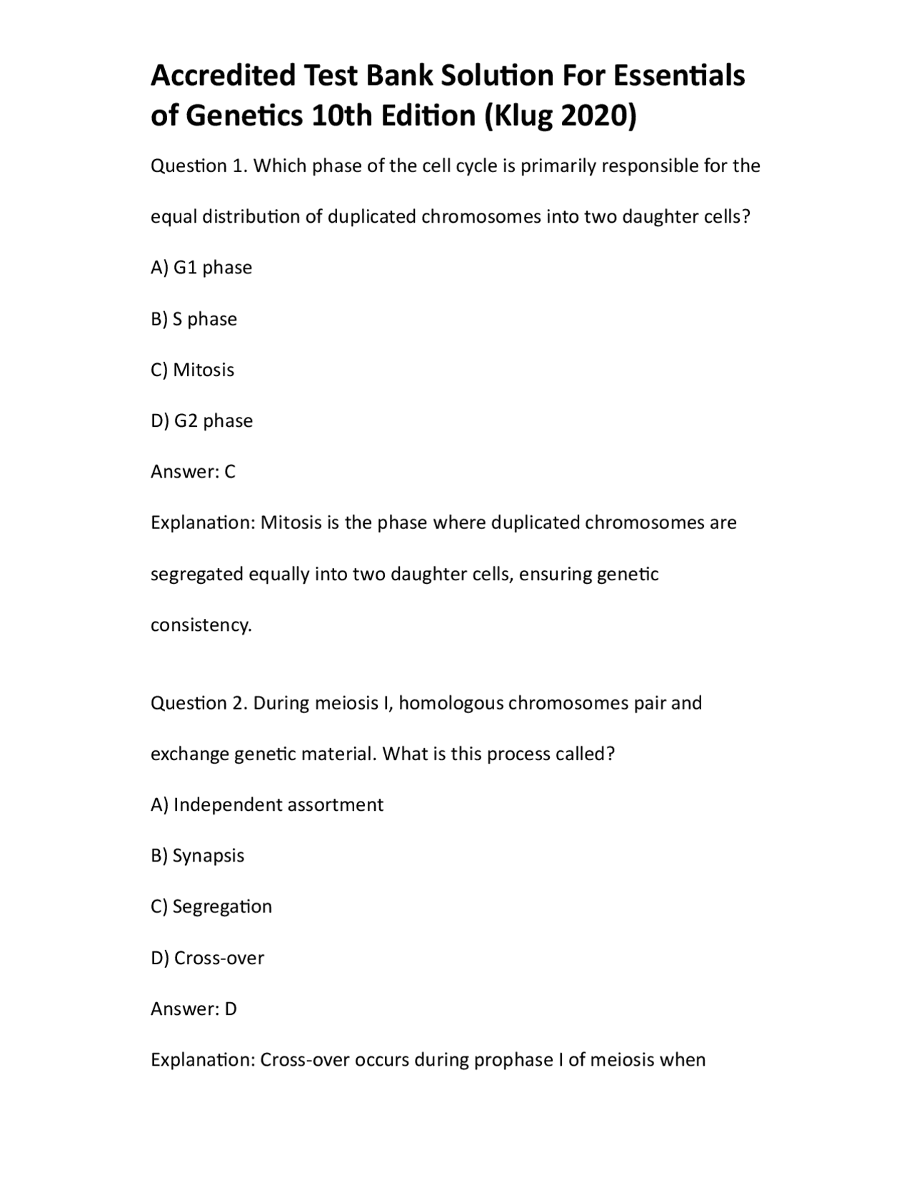 Accredited Test Bank Solution For Essentials of Genetics 10th Edition ...