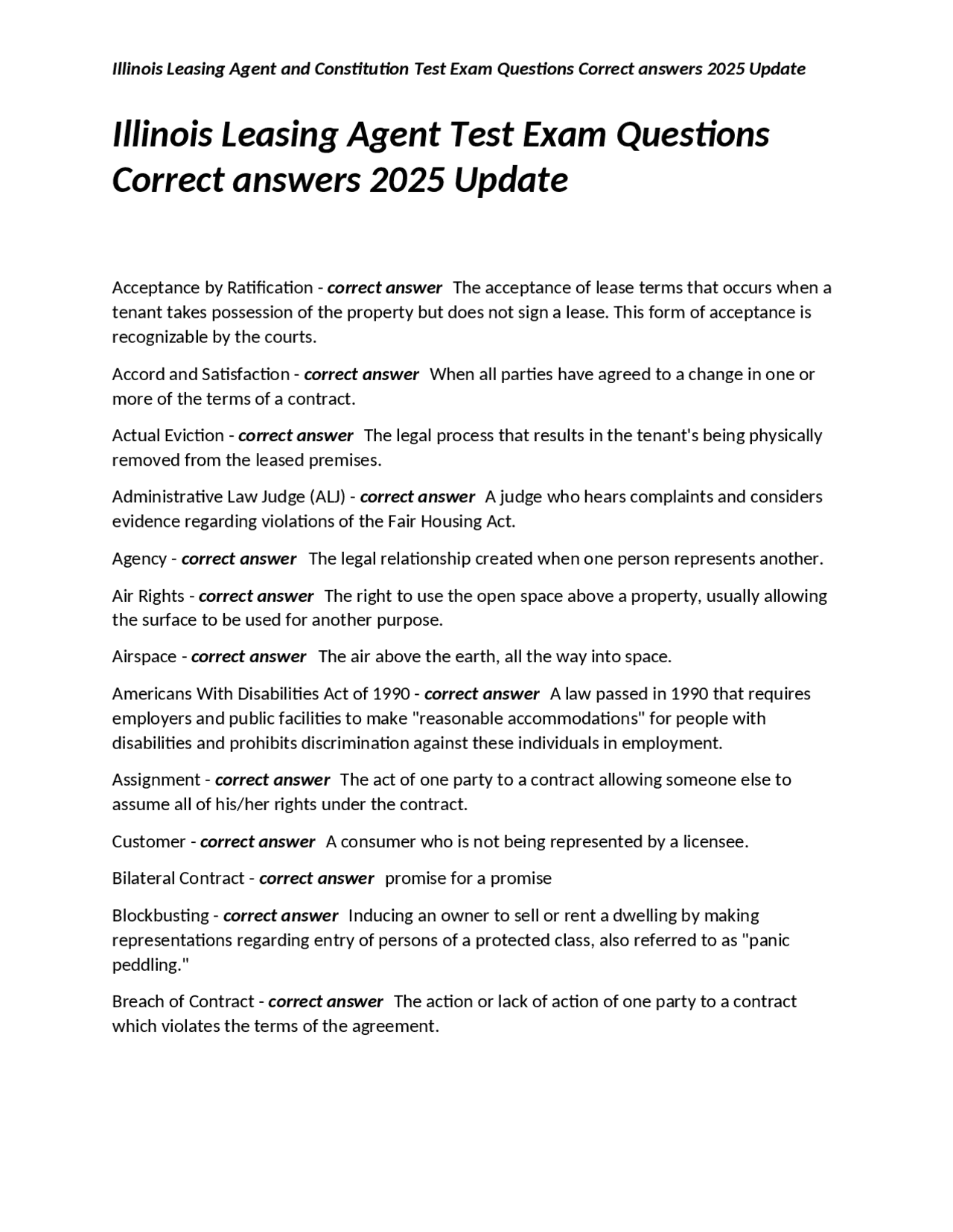 Illinois Leasing Agent Test Exam Questions Correct answers 2026 Update ...